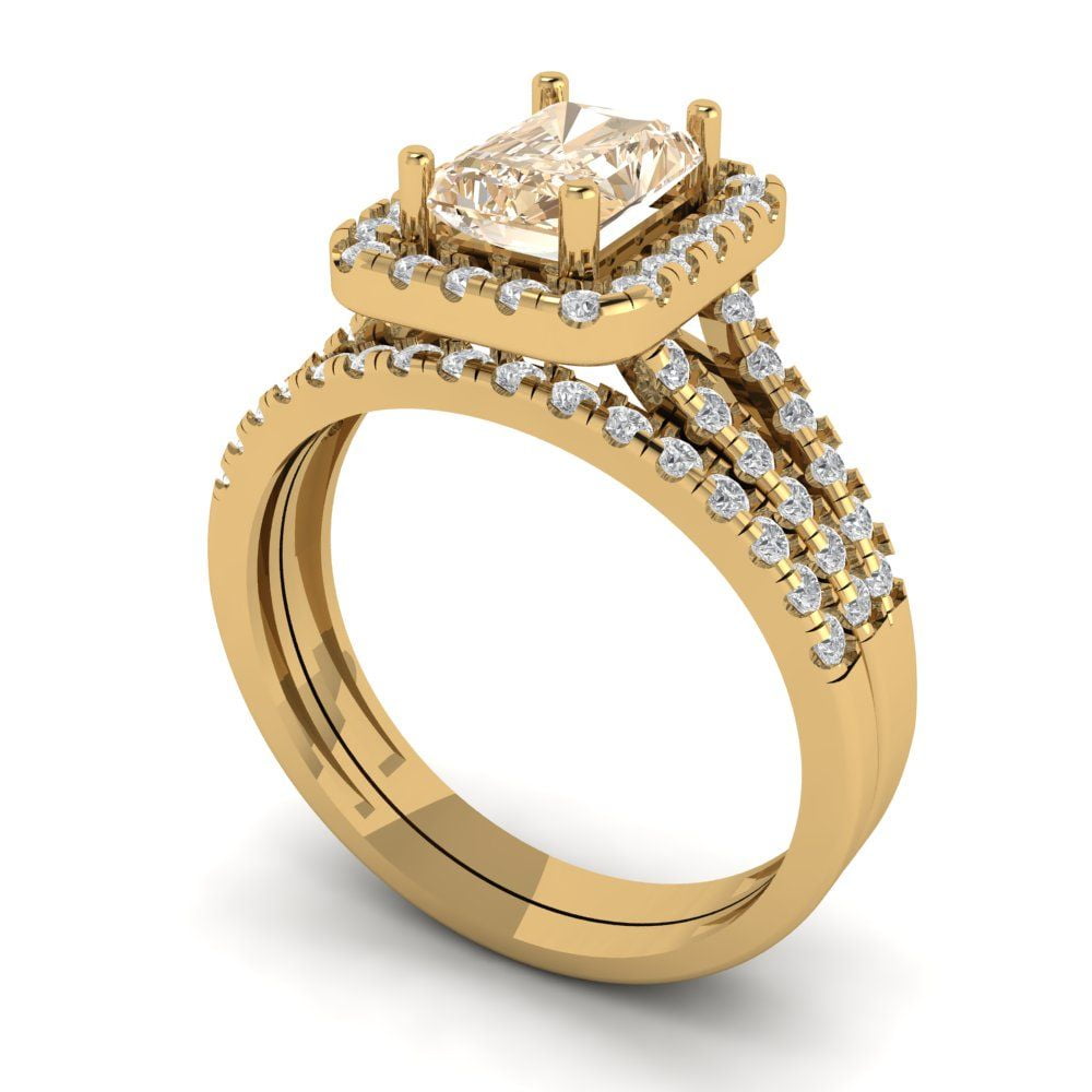 1.57 ct Brilliant Emerald Cut Natural Morganite 18K Yellow Gold Halo Solitaire with Accents ...