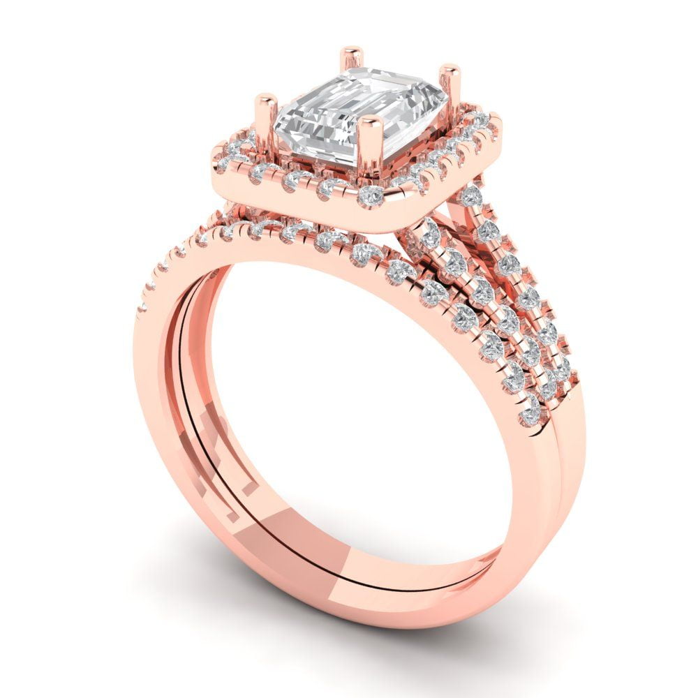 1.57 ct Brilliant Emerald Cut Moissanite 18K Rose Gold Halo Solitaire with Accents Engagement ...