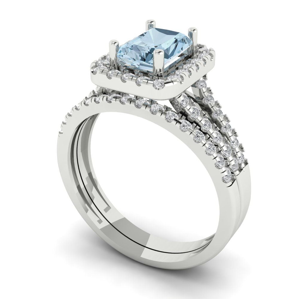 1.57ct Brilliant Emerald Cut Blue Zircon 14k White Gold Halo Solitaire with Accents Engagement ...