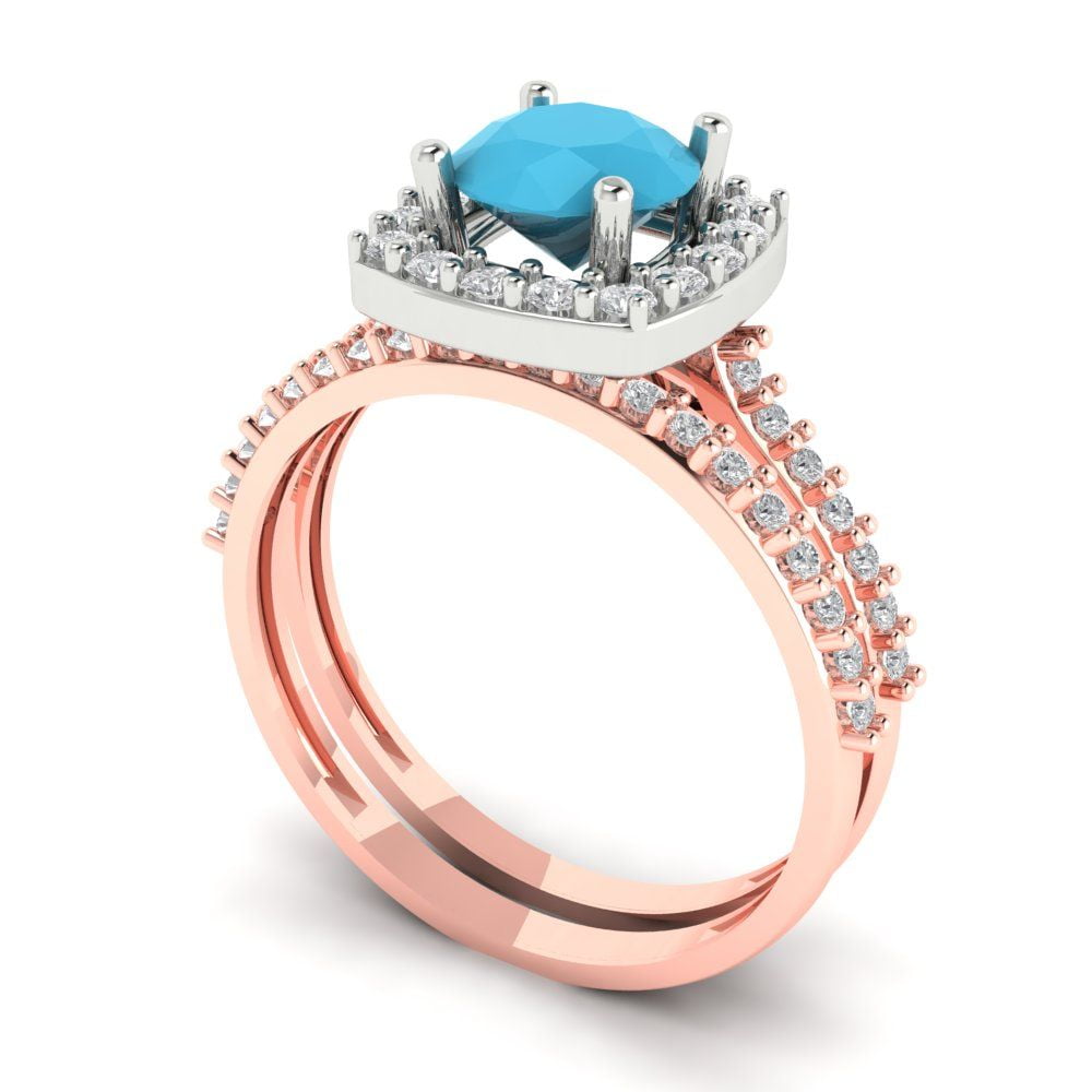 1.58 ct Brilliant Round Cut Turquoise 18K Rose/White Gold Halo Solitaire with Accents Engagement ...