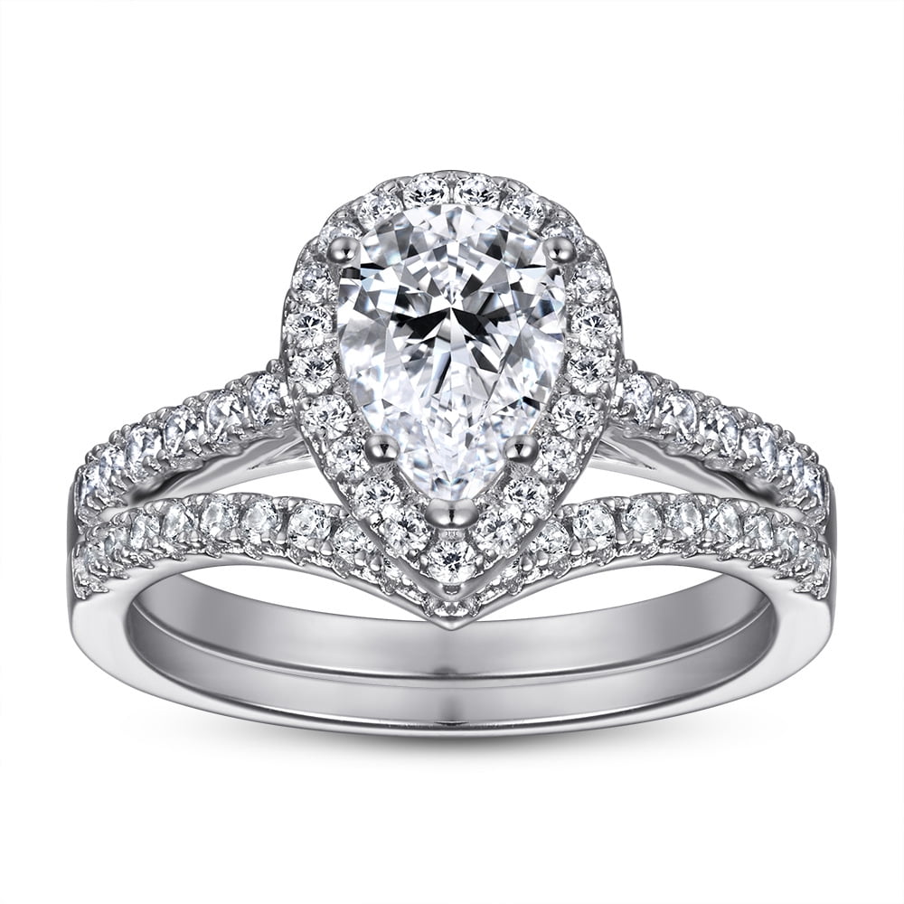 1.5CT 925 Sterling Silver Bridal Ring Sets Teardrop CZ Engagement ...