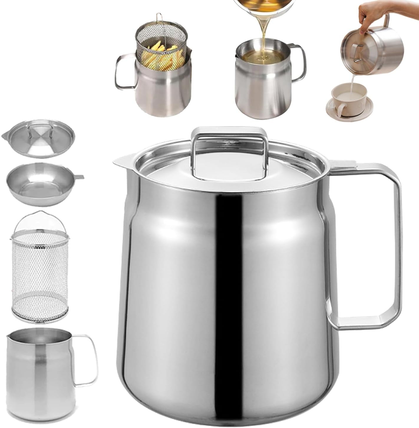 1.5L/2L 304 Stainless Steel Oil Strainer Pot with Fried Basket Cooking Oil Can With Fine Mesh ...