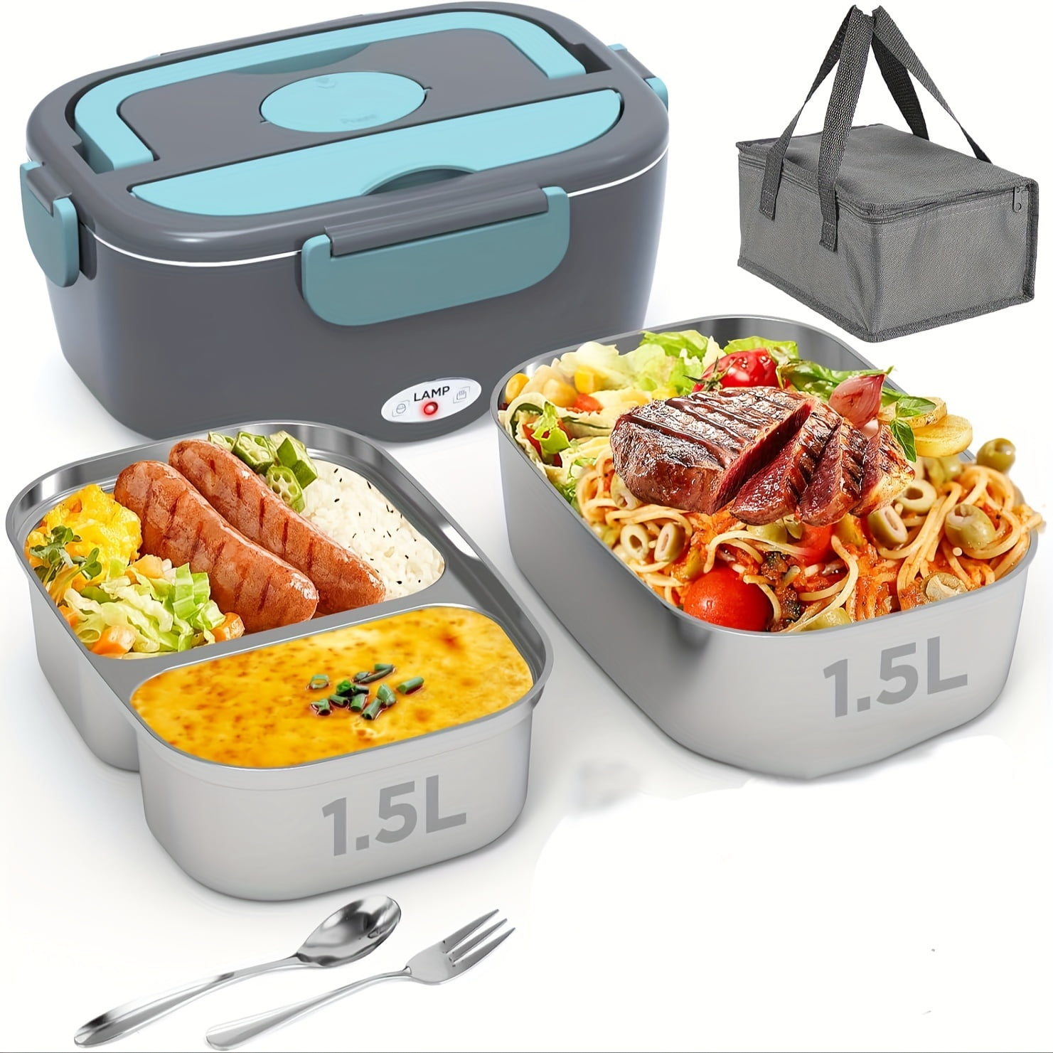 1.5L Electric Heated Lunch Box - 304 Stainless Steel Portable Food ...