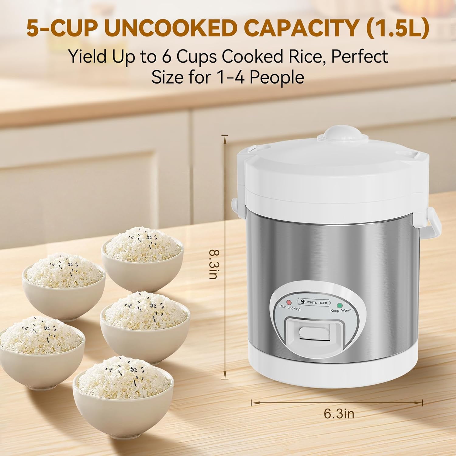 1.5L Mini Rice Cooker for 5 Cups Uncooked, Smart One Touch with Auto ...