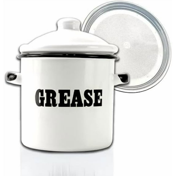 1.5L White Enamel Bacon Grease Container with Strainer, Grease Canister ...