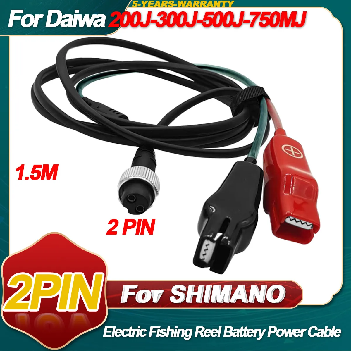 1.5M 2-Pin Portable Electric Fishing Reel Power Cord Cable Connectors ...