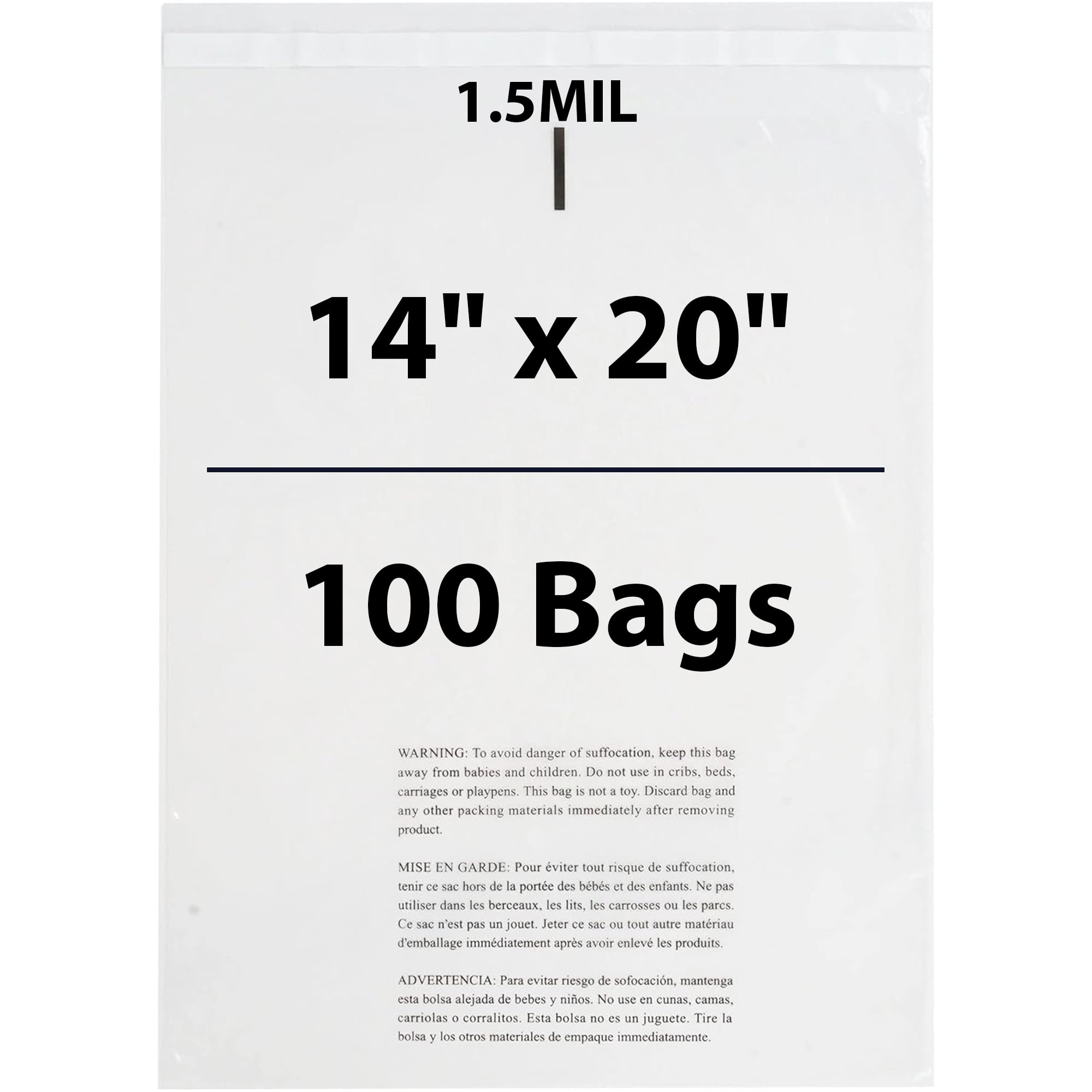 1.5Mil Suffocation Warning Self Seal Clear Poly Bags - 14" x 20" & (100 ...