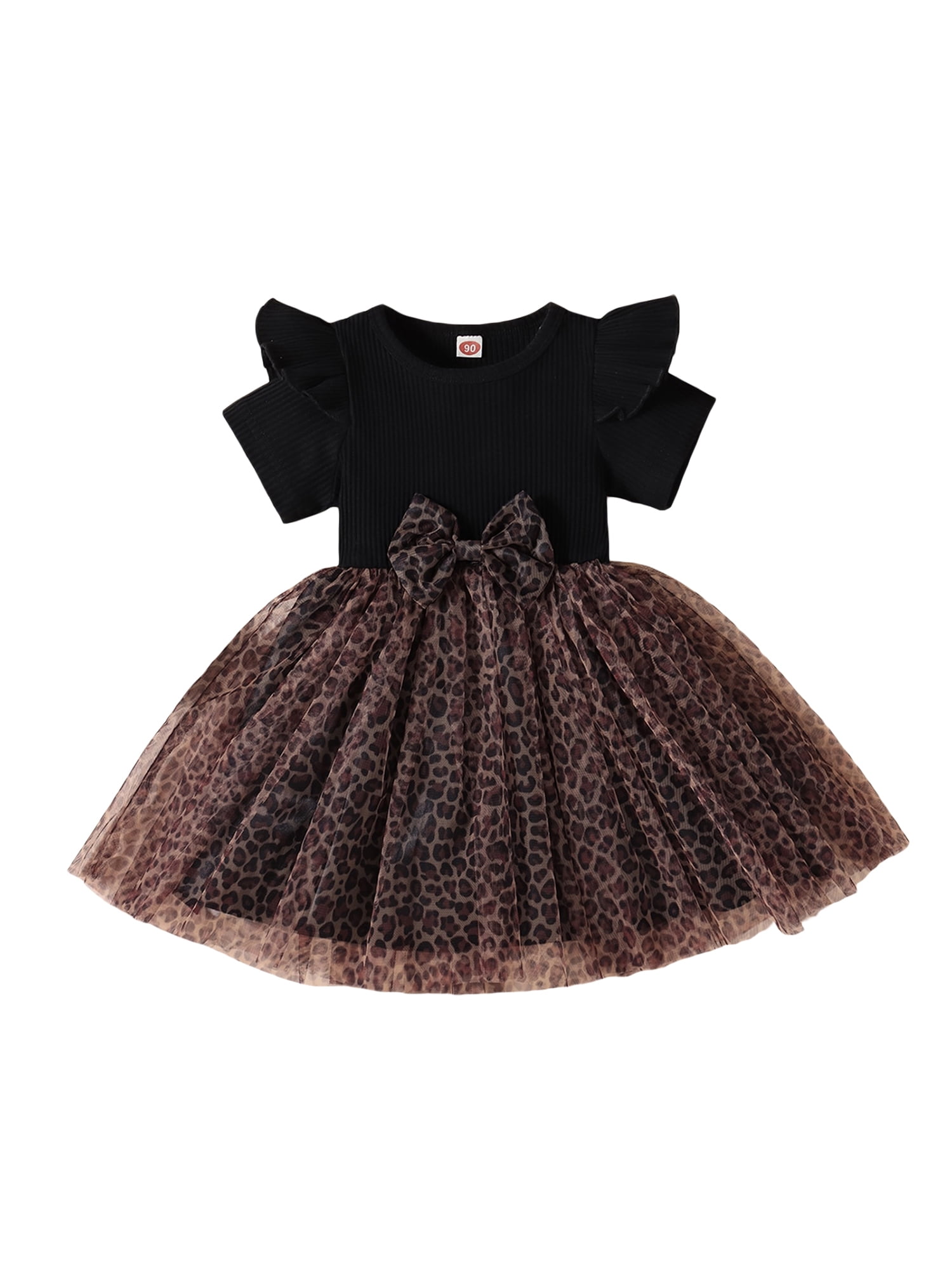 1-5Y Little Girls Spring Princess Bow Dress Short Sleeve Leopard ...