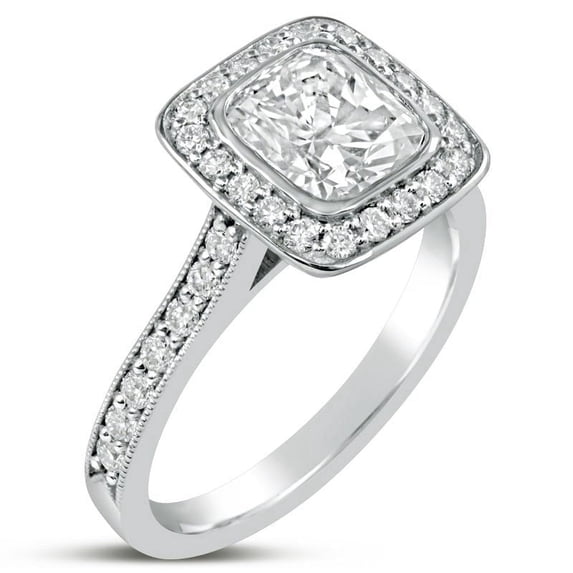 1.5ct Bezel Set Cushion Cut Diamond Engagement Ring with Halo Tiffany ...