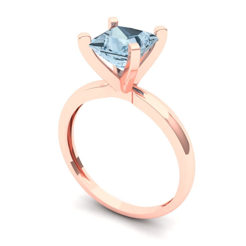 1.5ct princess cut blue natural aquamarine 18k rose gold Bridal Wedding Engagement Promise ...