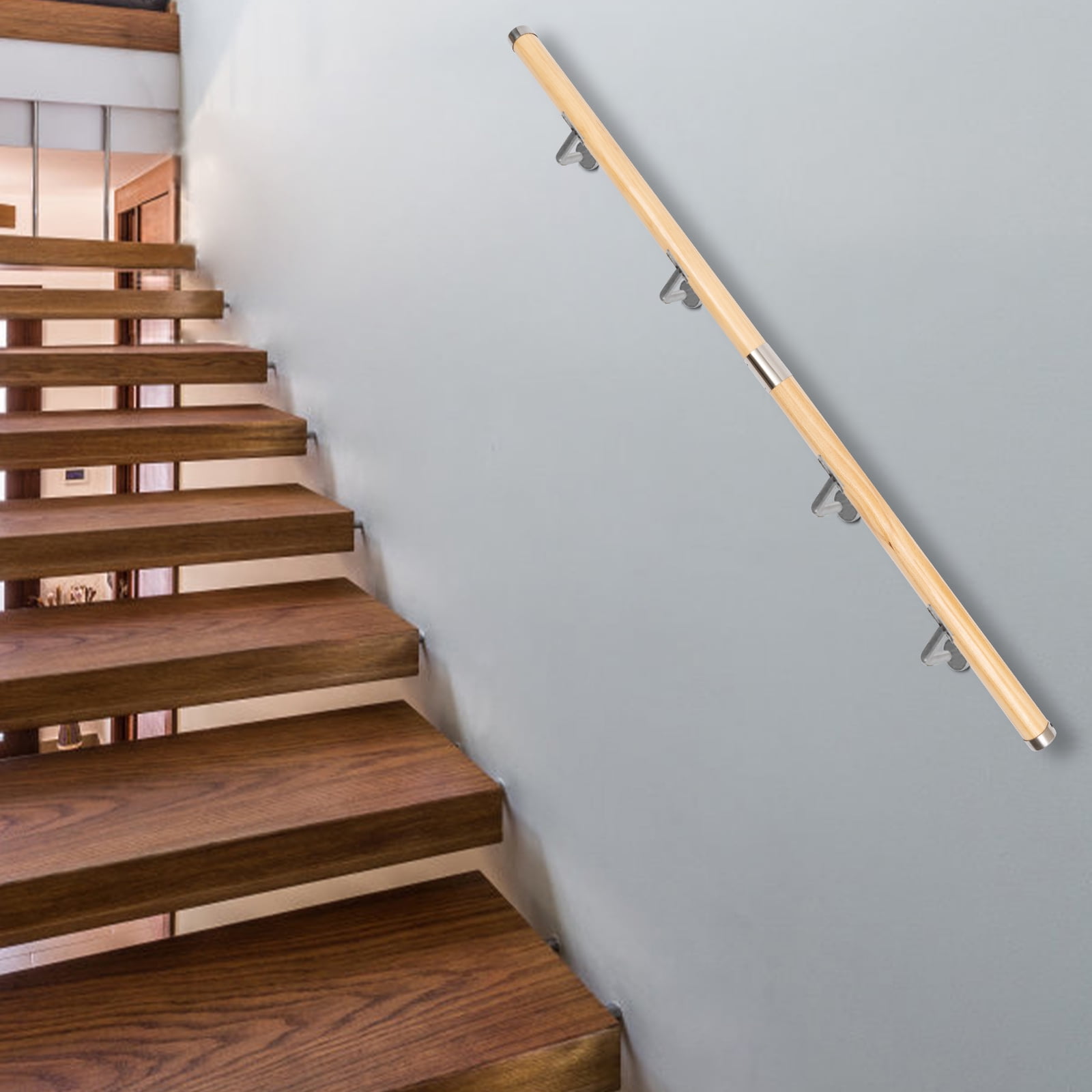 1.5m Wall Mount Stair Handrail in Solid Pine Wood, Rounded Corners ...