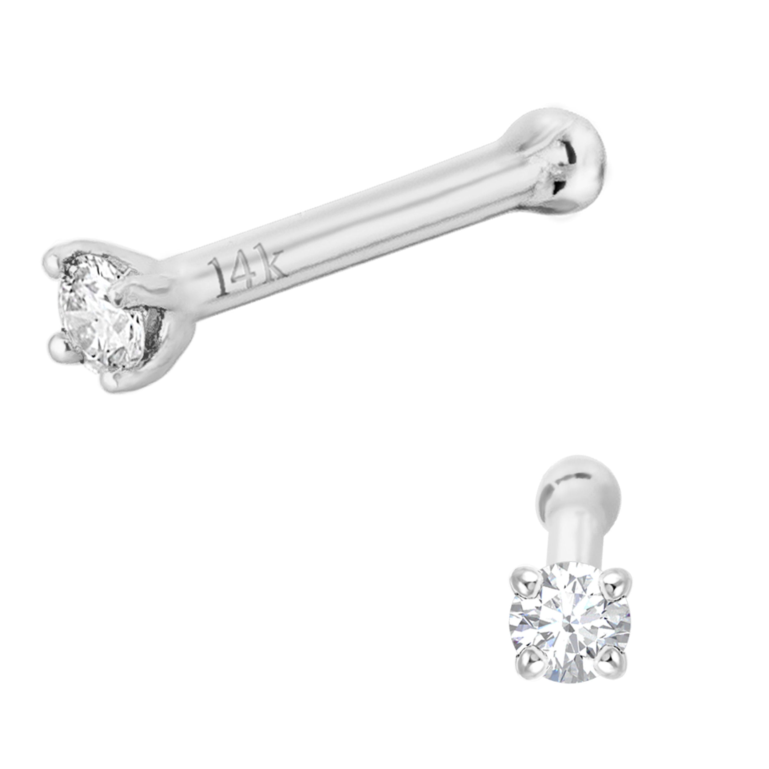 1.5mm Diamond Nose Bone Nose Stud 14K White Gold 20G Nose Ring Stud ...