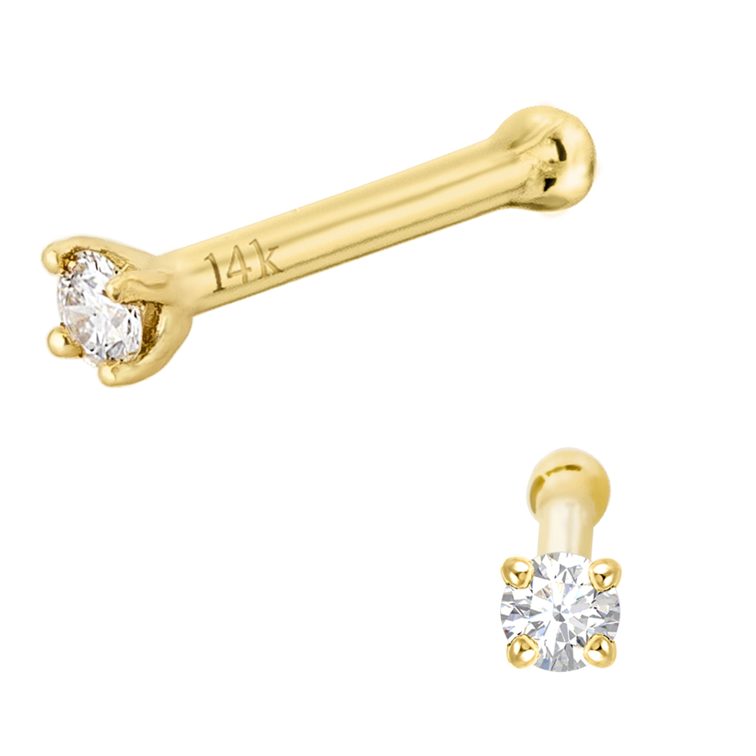 1.5mm Diamond Nose Bone Nose Stud 14K Yellow Gold 20G Nose Ring Stud ...