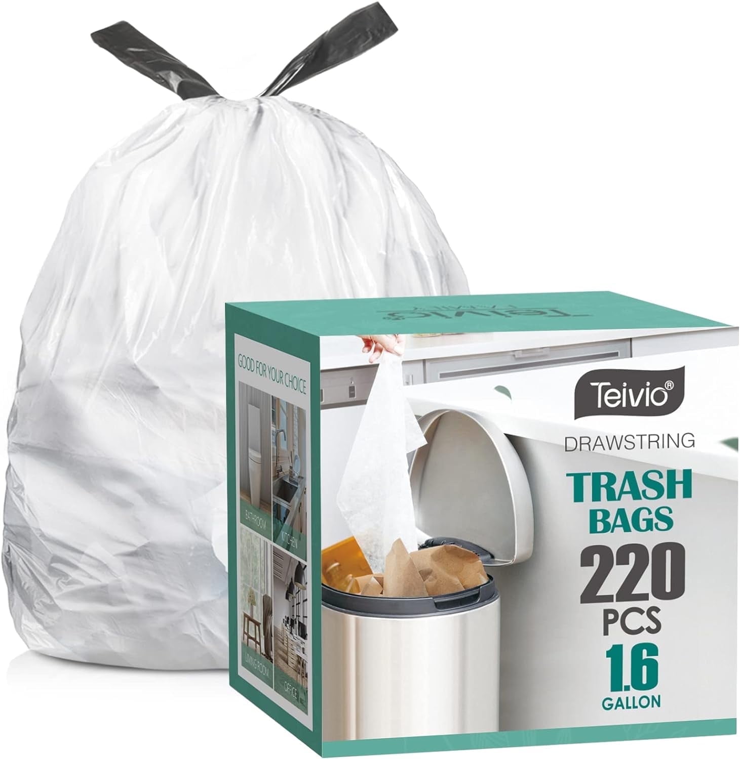 1.6 Gallon/220pcs Strong Drawstring Trash Bags Garbage Bags by Teivio ...