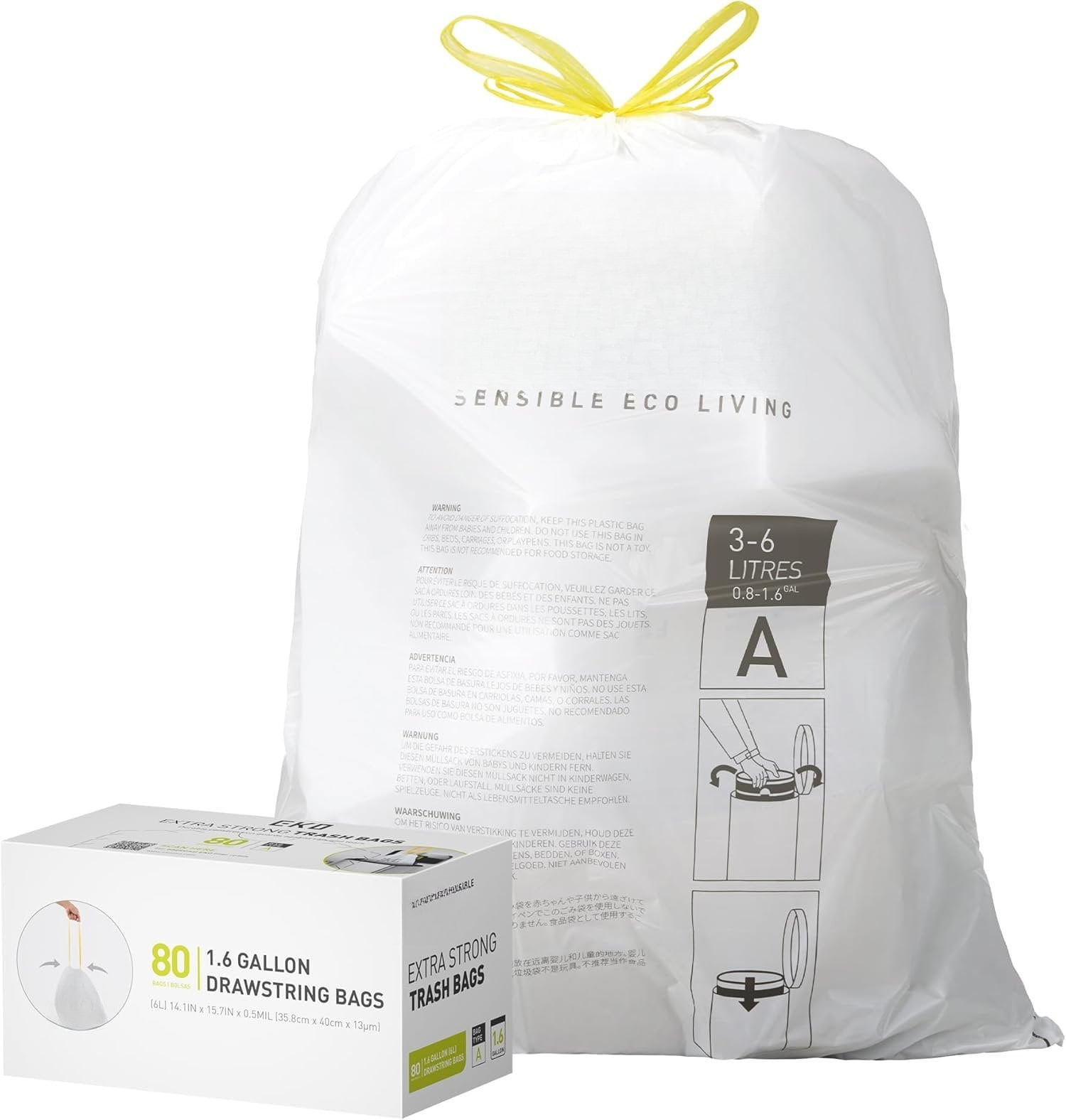 1.6 Gallon / 3-6 Liter, 80 Count Small Drawstring Trash Bags, Extra ...