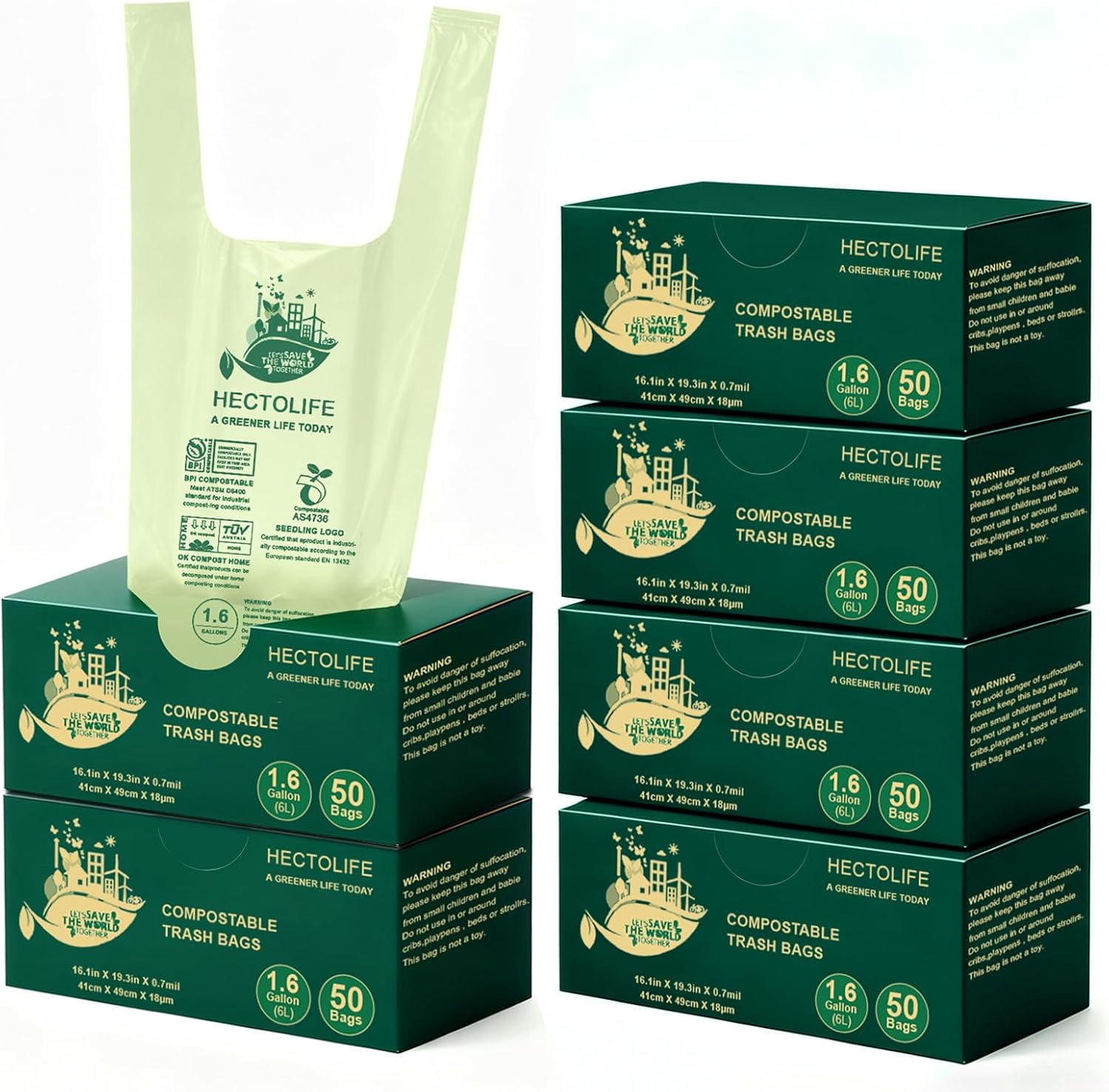 1.6 Gallon 300 Count,Compostable Bags Handle Tie,Tear Resistant Kitchen ...