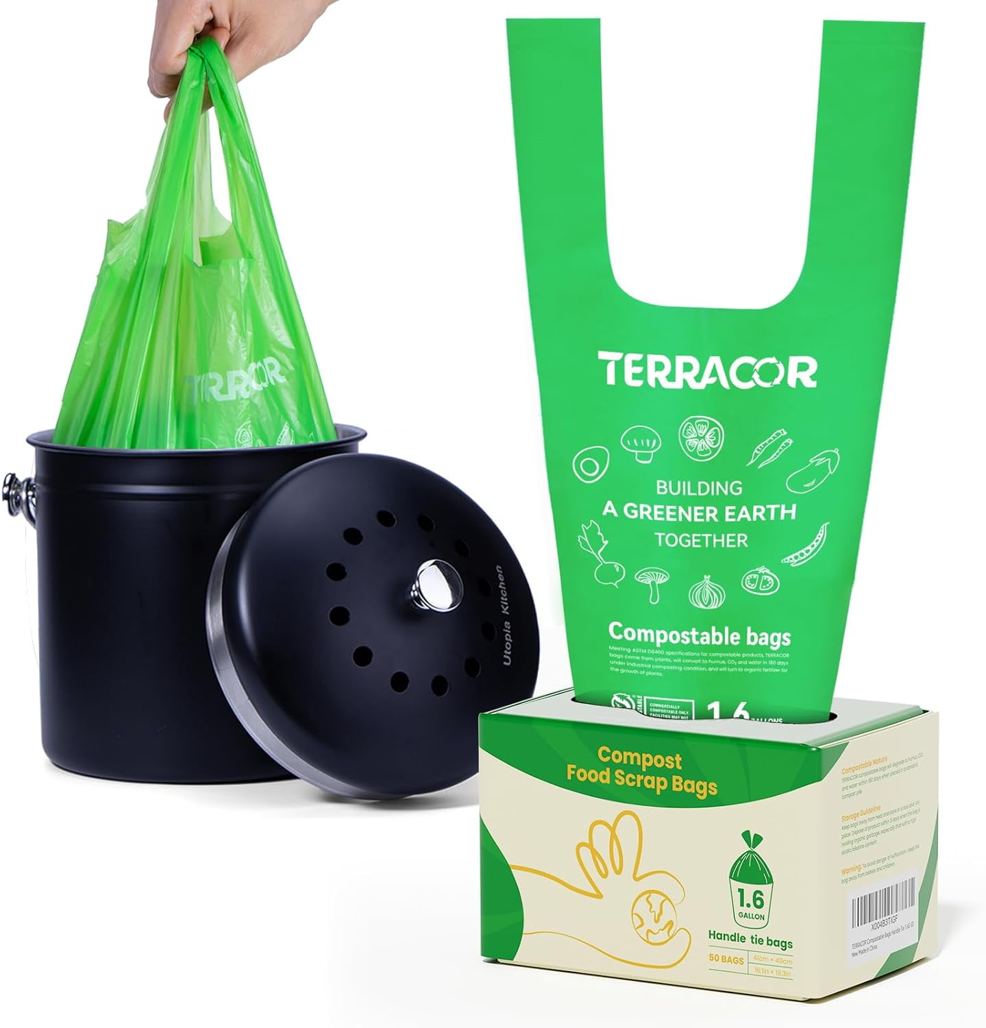 1.6 Gallon Compostable Food Scrap Bags Handle Tie for Kitchen Countertop Bin, 6 Liter Small ...