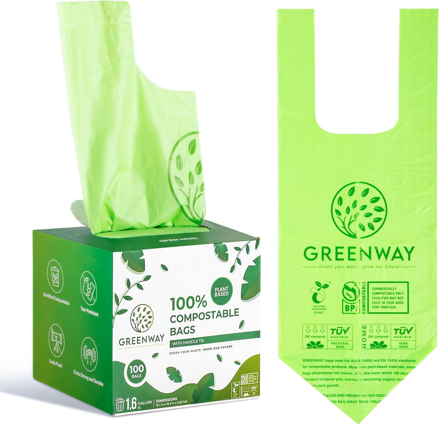 1.6 Gallon Compostable Food Scrap Bags with Handles, 100 Count, US BPI ...