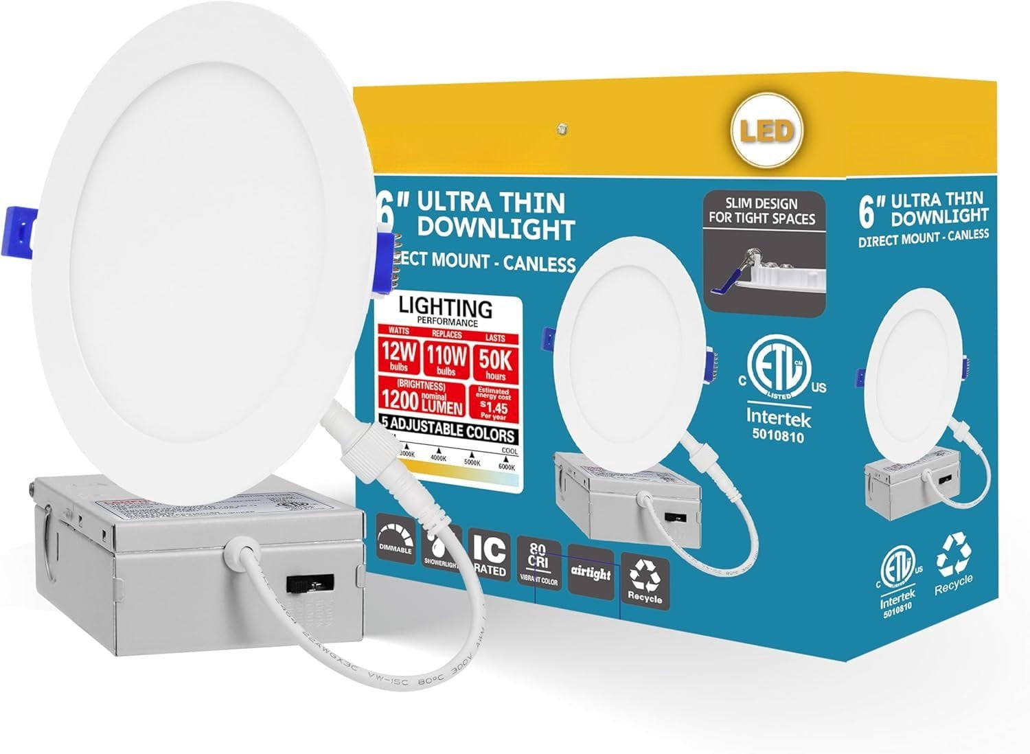 1- of 6-Inch Slim Recessed Lights with Junction Box, Adjustable Color ...