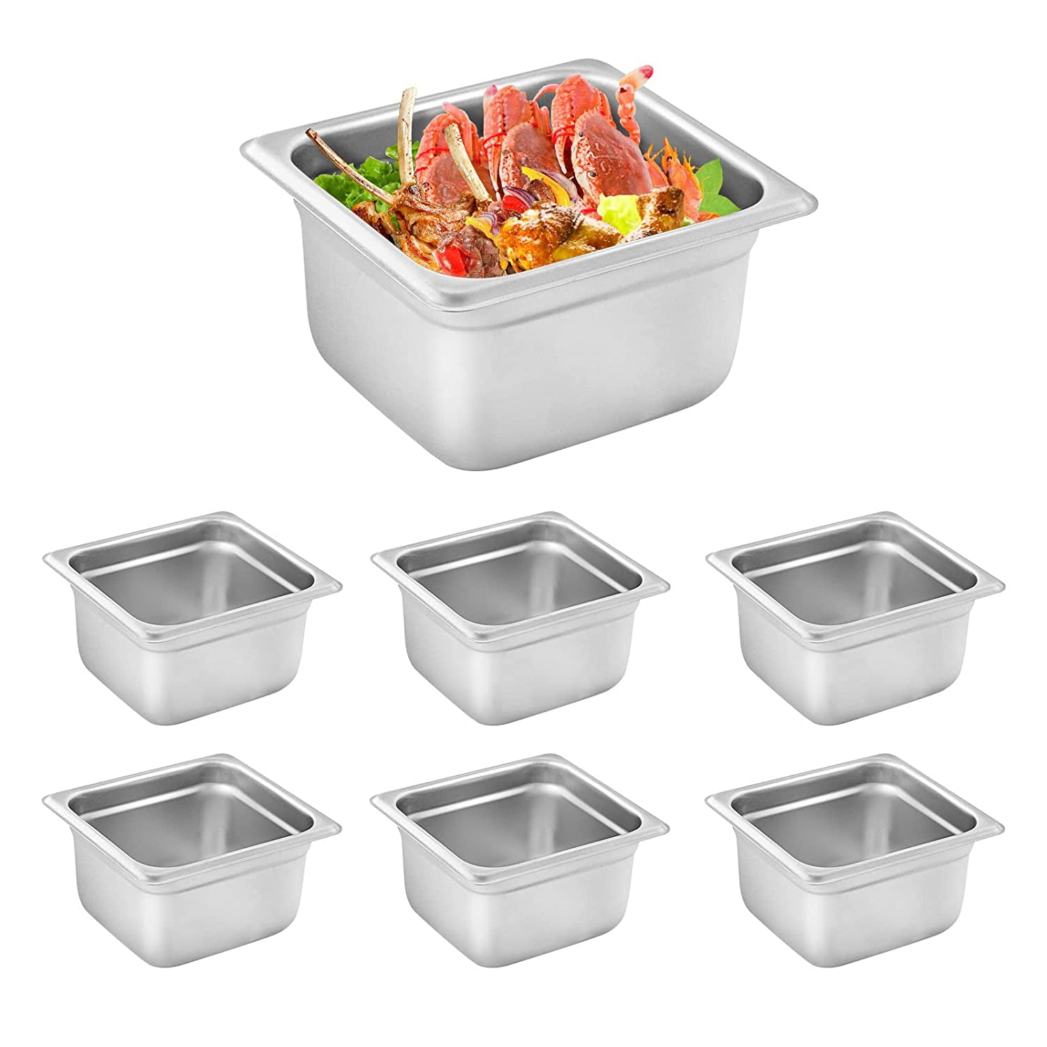 1/6 Size Hotel Pan 6 Packs, 4" Deep 304 Stainless Steel Steam Table Pan ...