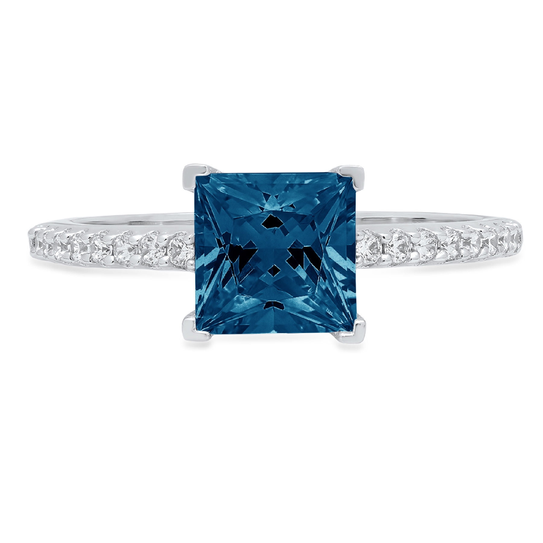 1.62 ct Princess Cut Natural London Blue Topaz Solitaire with Simulated Diamond Accents 18K ...