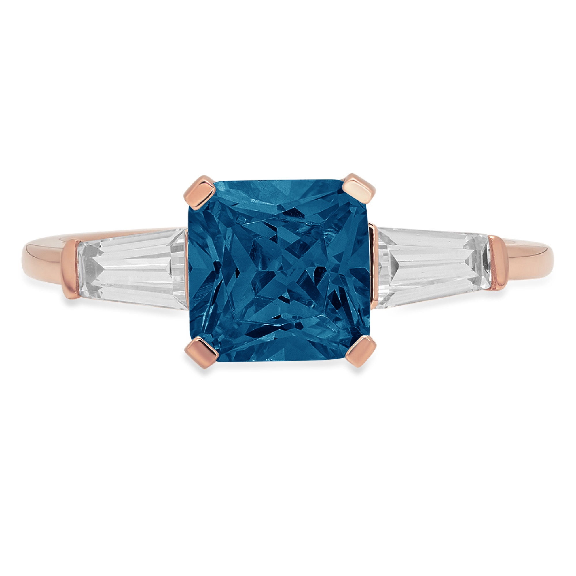 1.62 ct Square Emerald Cut Natural London Blue Topaz 3 Stone 14K Rose Gold Womens Engagement ...