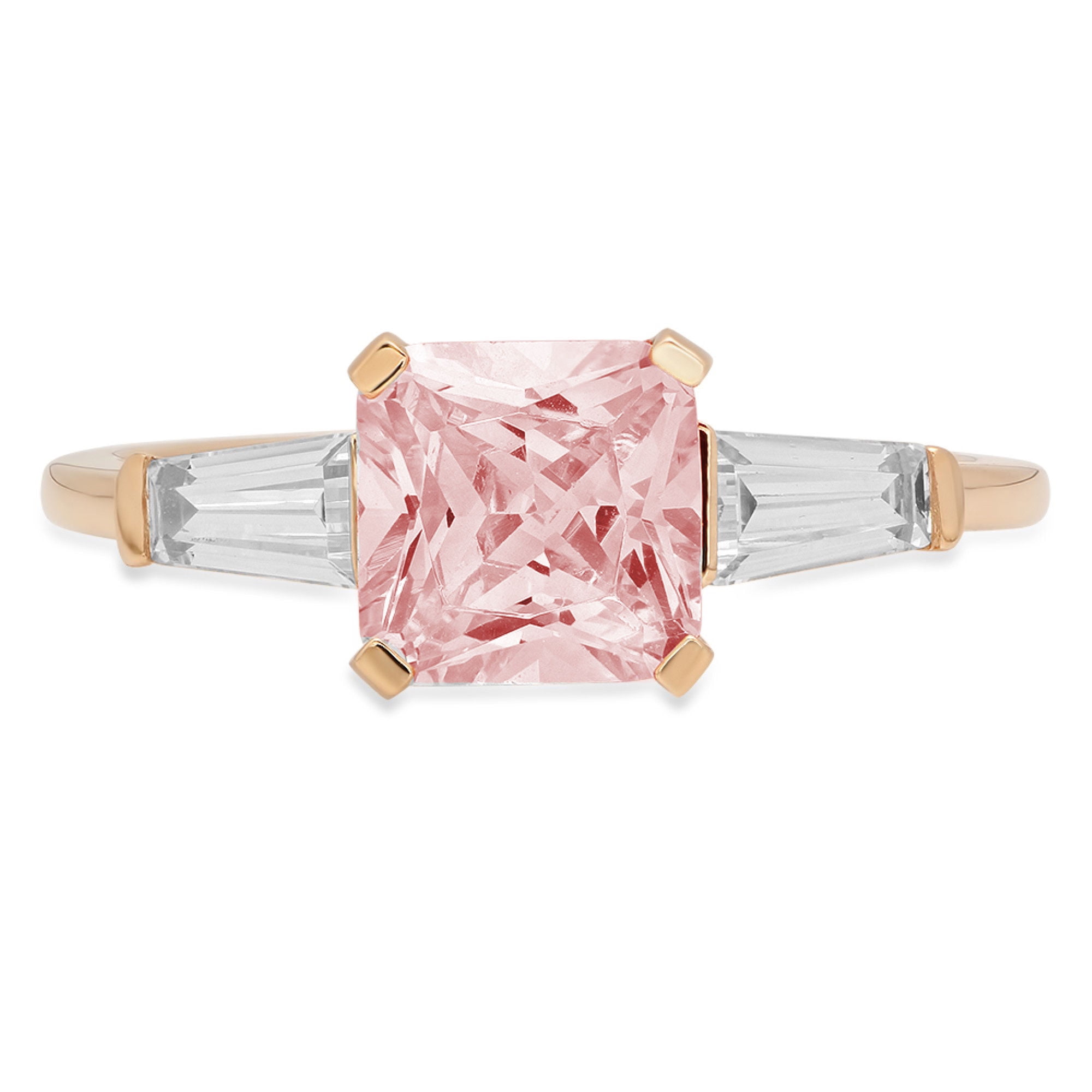 1.62 ct Square Emerald Cut Simulated Pink Diamond 3 Stone 18K Yellow ...