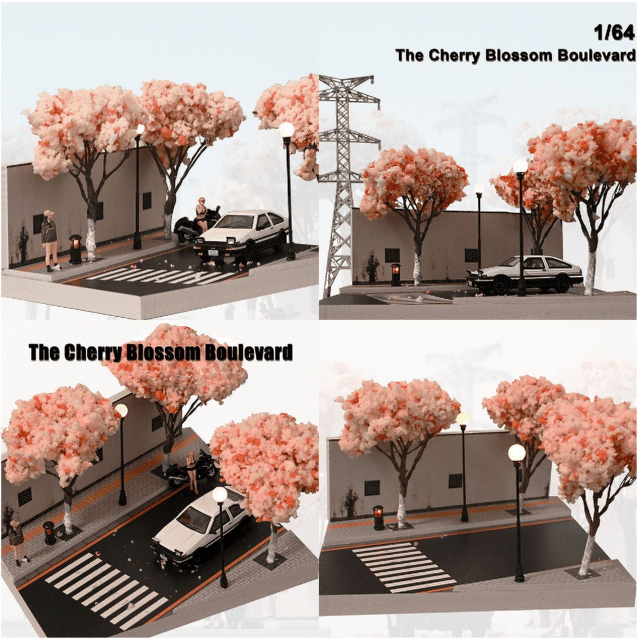 1:64 Diorama Car Garage Model, LED Lighting Sakura Tree Scene Parking ...