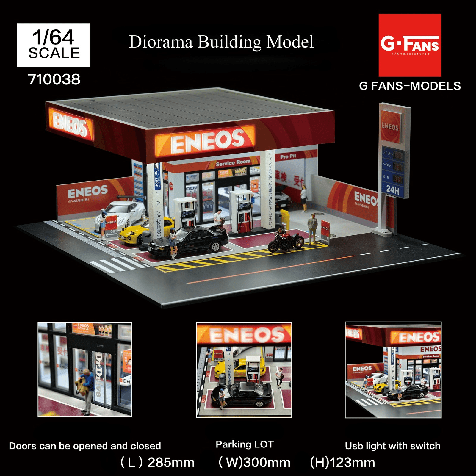 1:64 Diorama Gas Station Garage Model, LED Lighting Parking Lot Scene ...