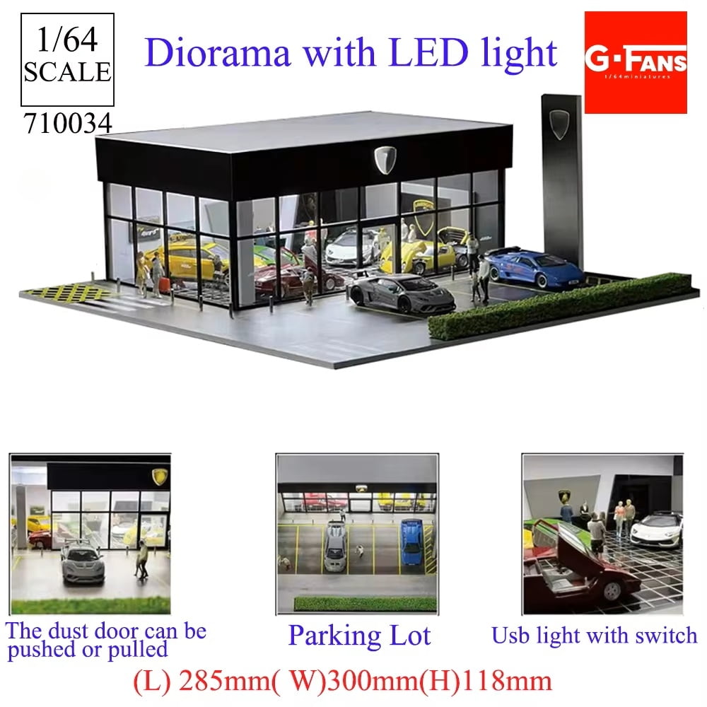 1:64 Diorama Gas Station Garage Model, LED Lighting Parking Lot Scene ...