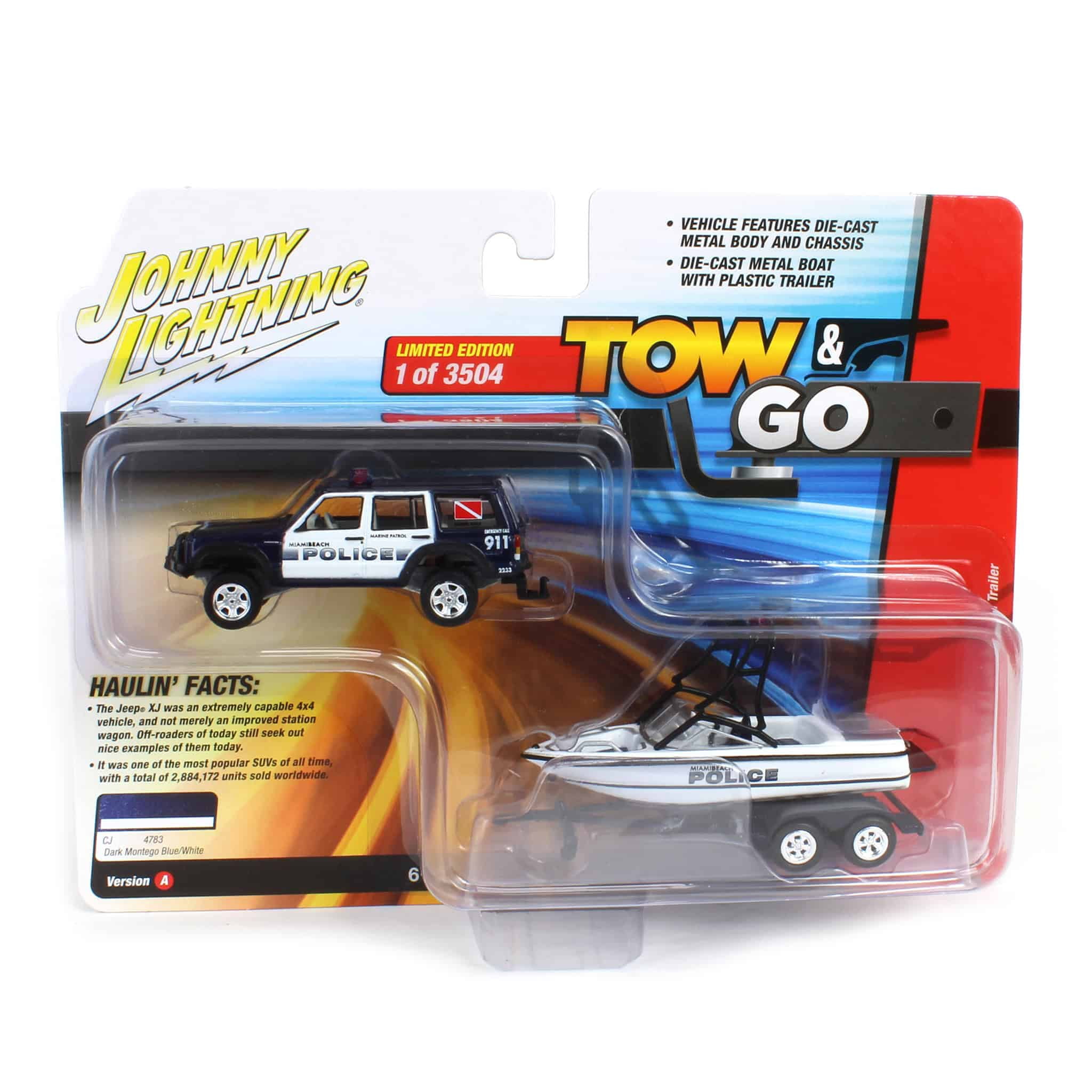 1/64 Jeep Cherokee XJ with Boat & Trailer, Miami Beach Police Tow Go ...