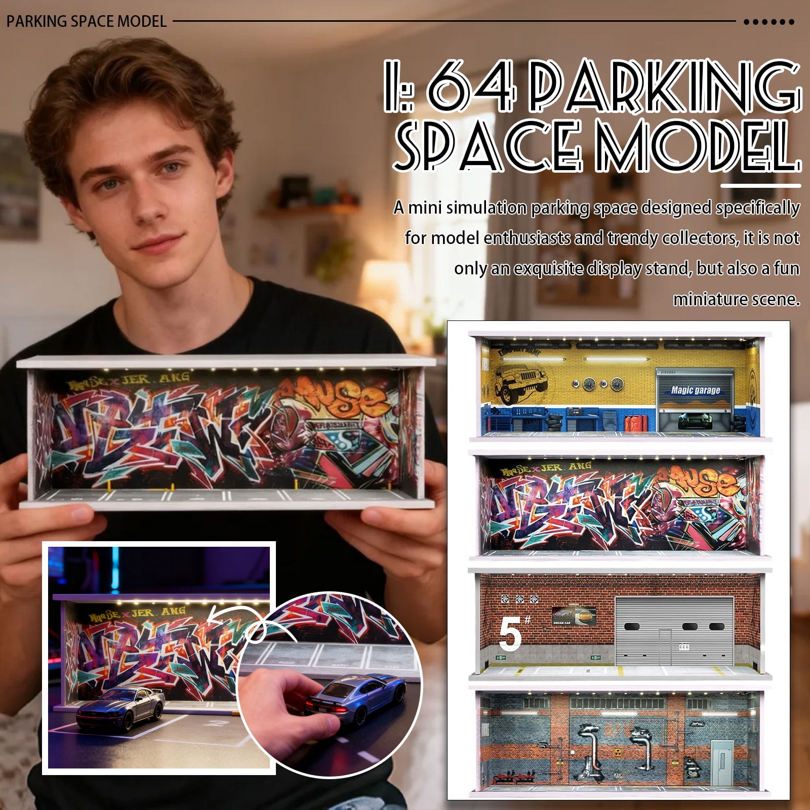 1/64 Scale Cars Display Case: Toy Car Parking Garage with LED Light ...