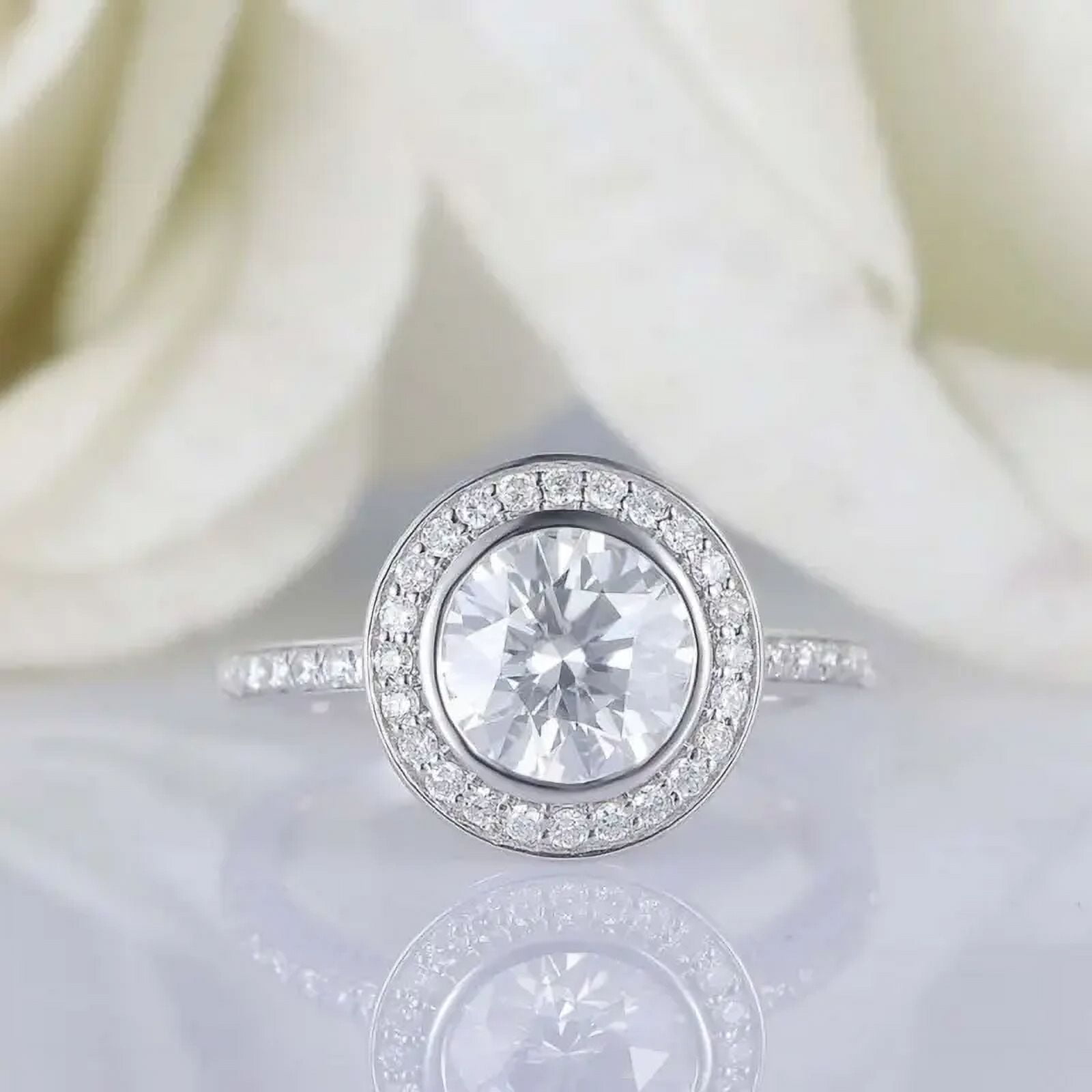 1.65 TCW Round Cut Colorless Moissanite Bezel Set Halo Engagement Ring ...