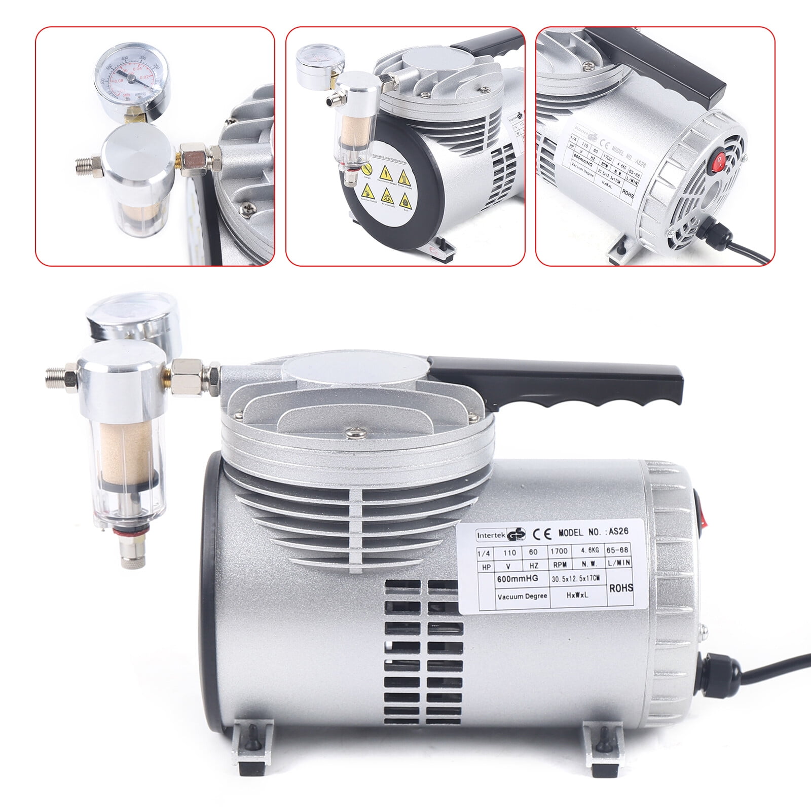1/6HP Vacuum Pump 600mmHg 20L/min Oil-Less Diaphragm for HVAC Lab ...
