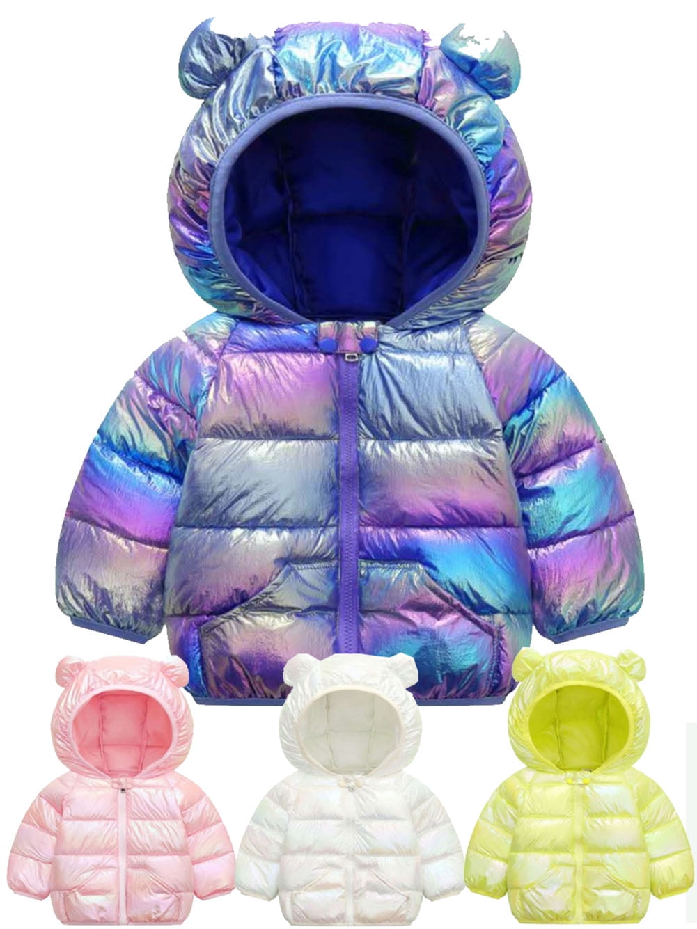 1-6T Kids Baby Boys Girls Dazzle Colorful Winter Coats Hoods Light Puffer Down Jacket with Ears ...