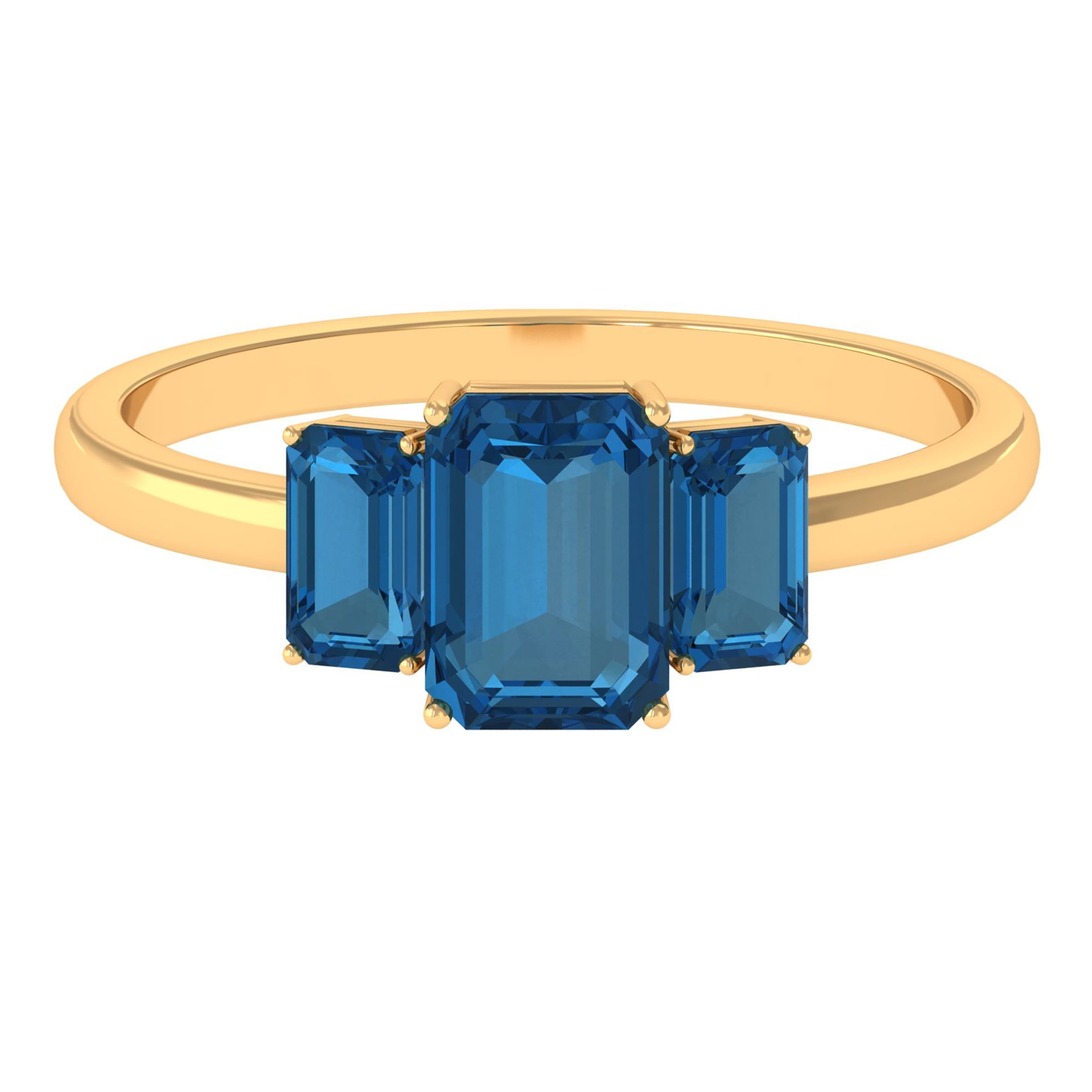 1.75 CT Octagon Cut London Blue Topaz Three Stone Ring, 14K Yellow Gold ...