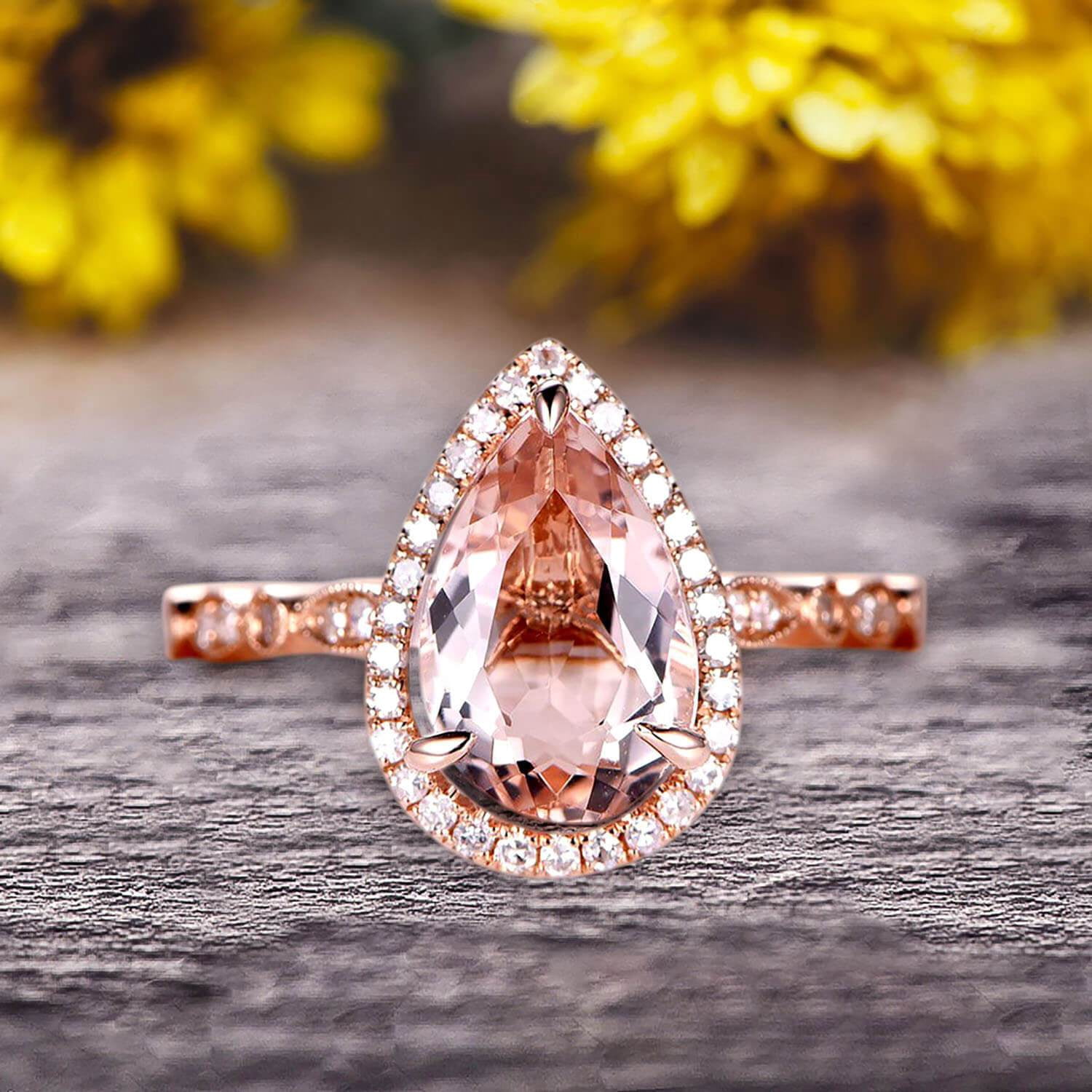 1.75 Carat 8x5mm Pear Shape Pink Morganite Engagement Ring Art Deco ...