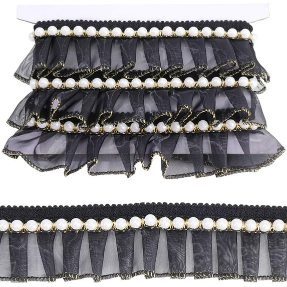 1.75 Inch Black Organza Ruffle Trim with Pearls Sheer Gathered Ruffled ...