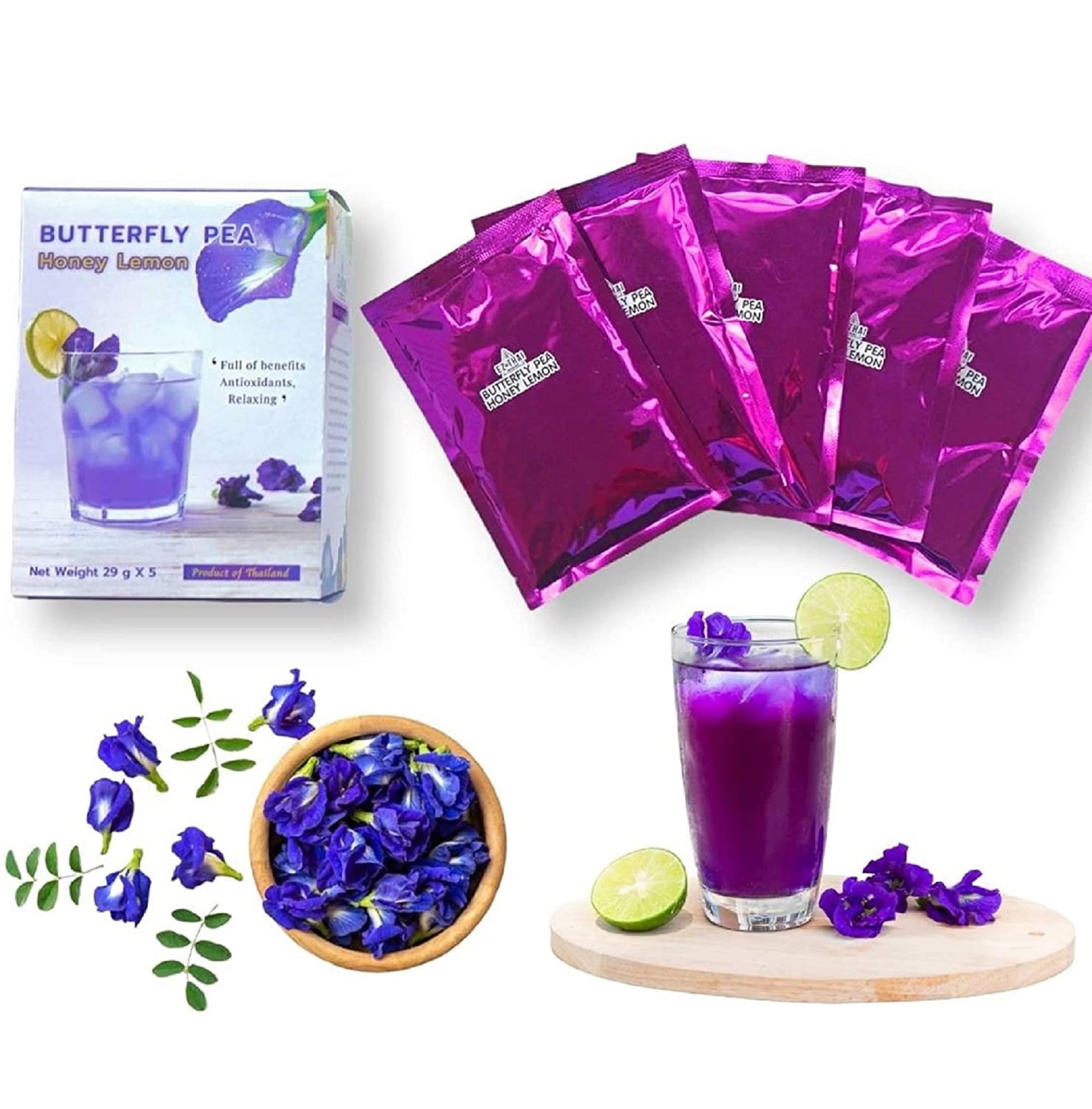 1.76oz/5 Sachets Honey Lemon Butterfly Pea Tea Mix Instant Tea Powder ...