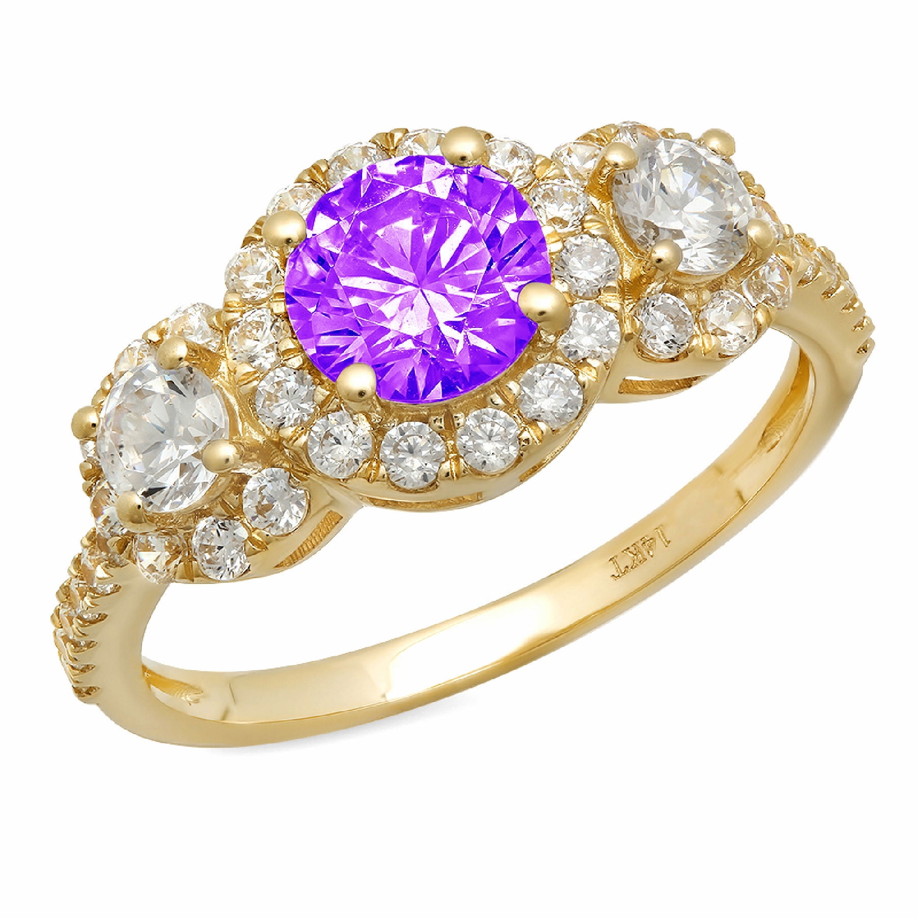 1.79ct Round Brilliant cut - Three- Stone - Simulated Amethyst - 18k Yellow Gold - Engagement ...