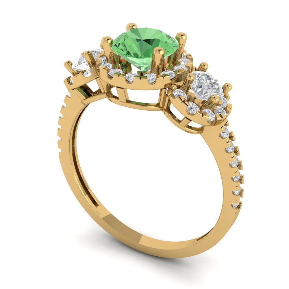 1.79ct round cut green Zircon 18k yellow gold 3 stone Bridal Wedding Engagement Promise ...