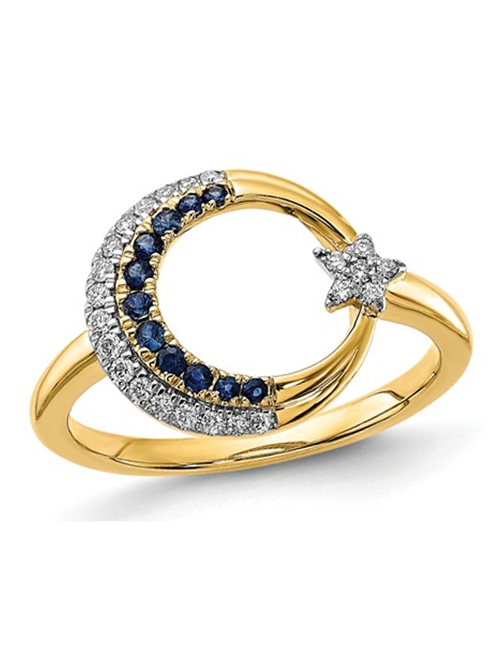 1/8 Carat (Ctw) Natural Blue Sapphire Star Moon Ring in 14K Yellow Gold ...