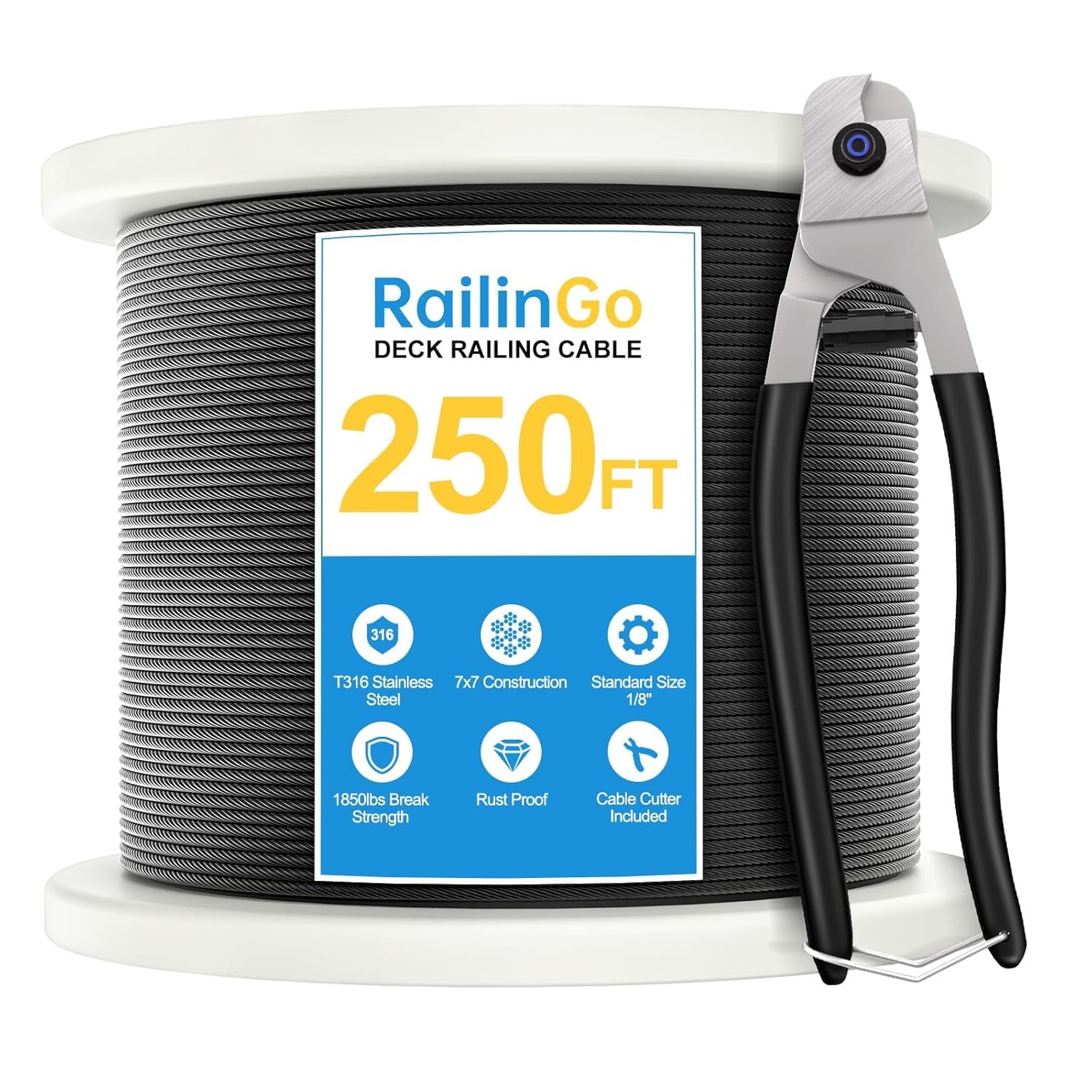 1/8" T316 Stainless Steel Aircraft Cable, 250 Ft Black Wire Rope with Cutter, 7x7 Strands Marine ...