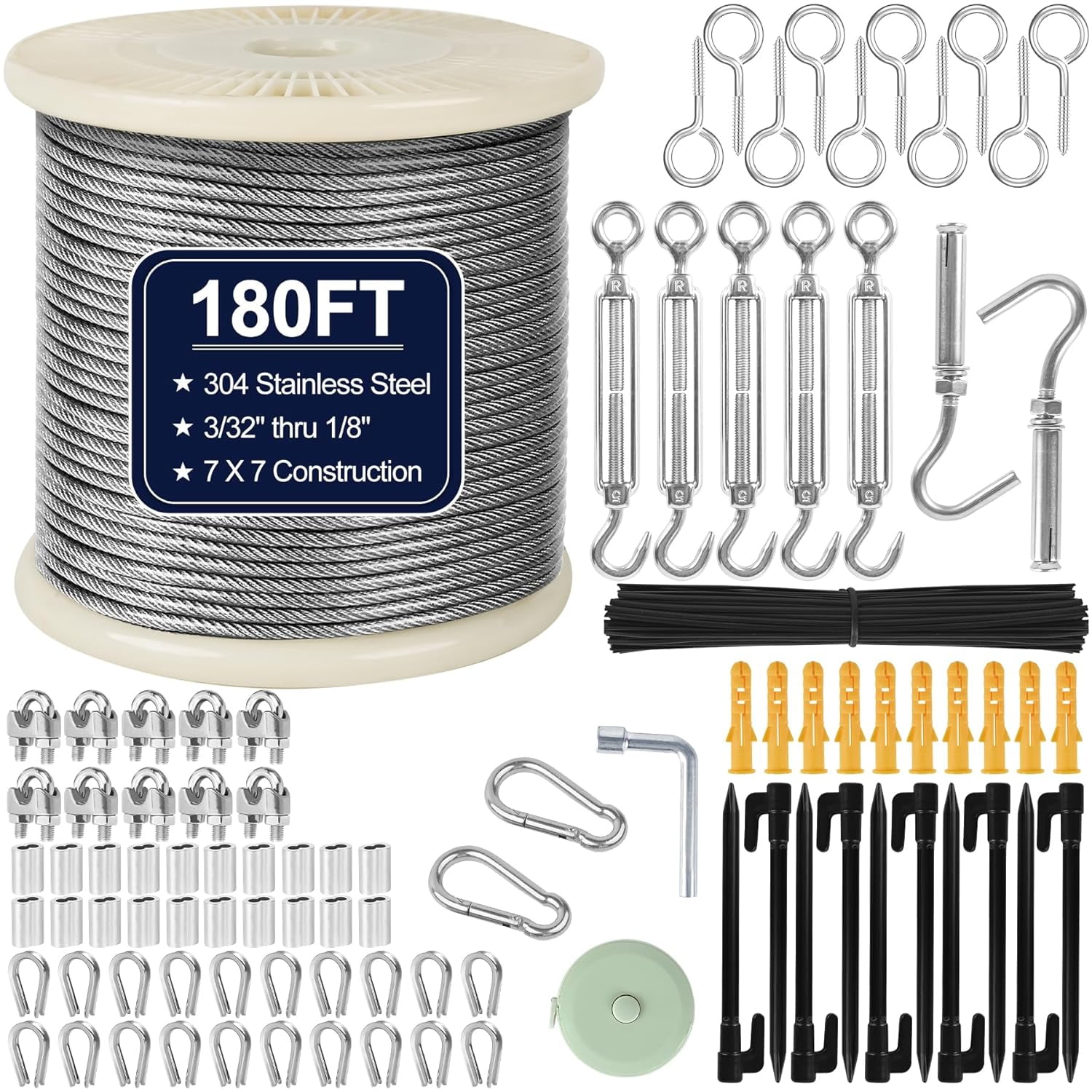 1/8" Wire Rope Kit 180FT Stainless Steel Aircraft Cable with M5 ...