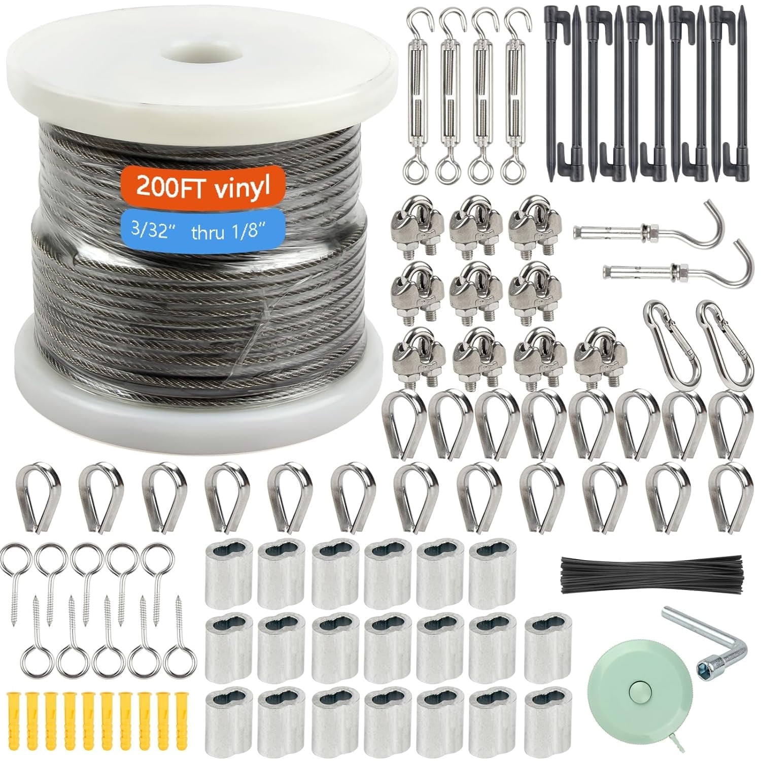 1/8" Wire Rope Kit,Steel Wire,200FT Turnbuckles,Vinyl Coated Stainless ...