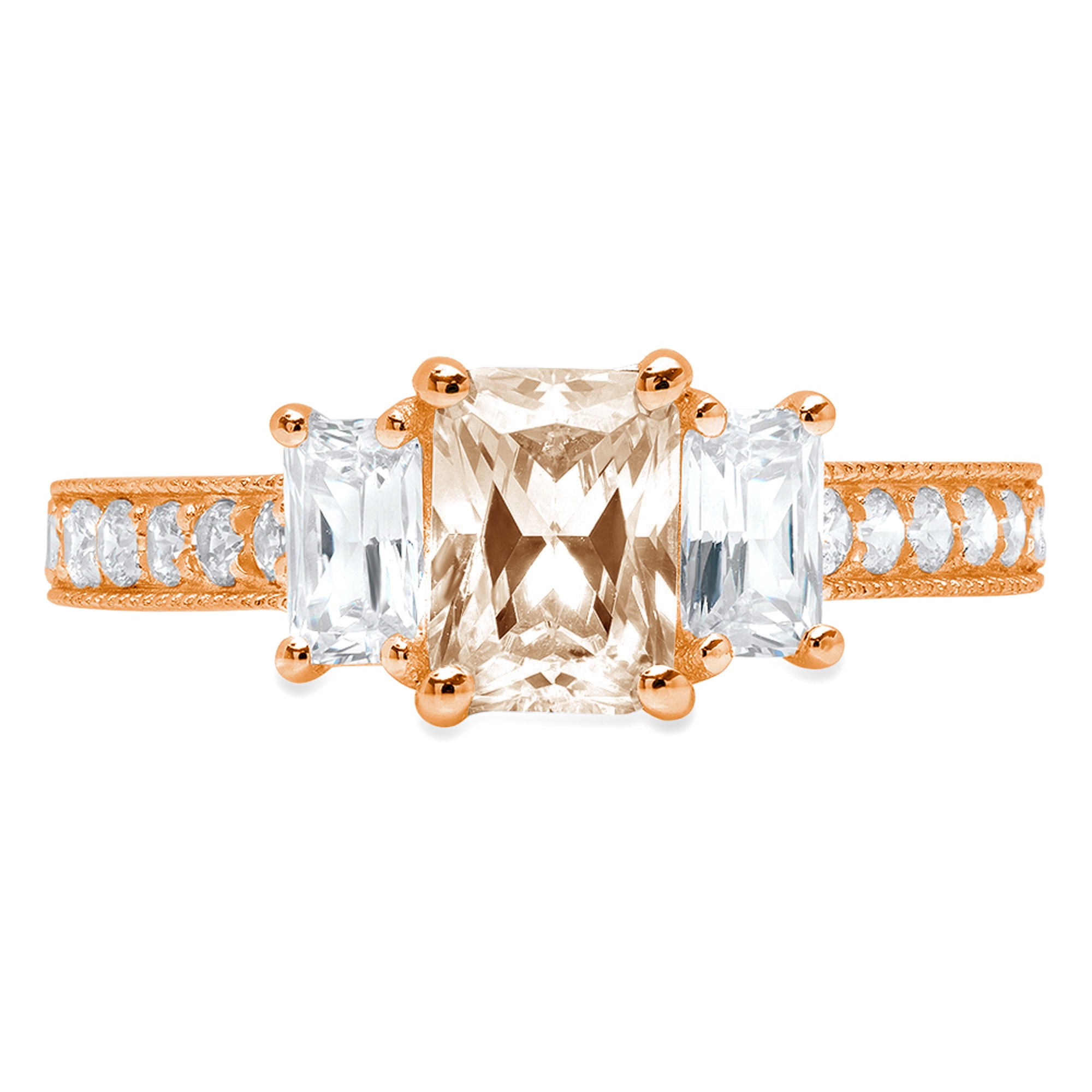 1.88 ct Emerald Cut Simulated Champagne Diamond 3 Stone 18K Rose Gold ...