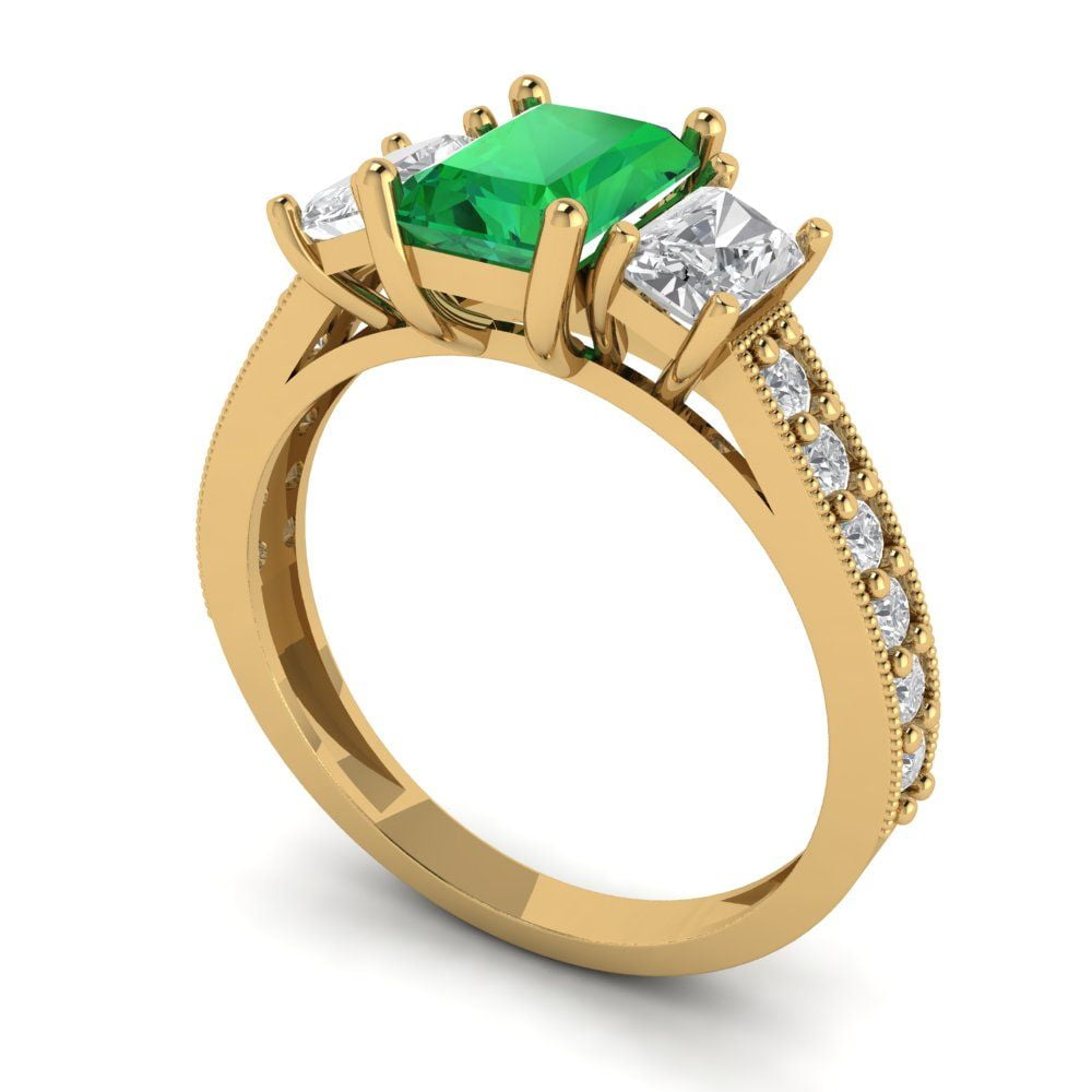 1.82ct emerald cut green emerald 14k yellow gold 3 stone Bridal Wedding Engagement Promise ...