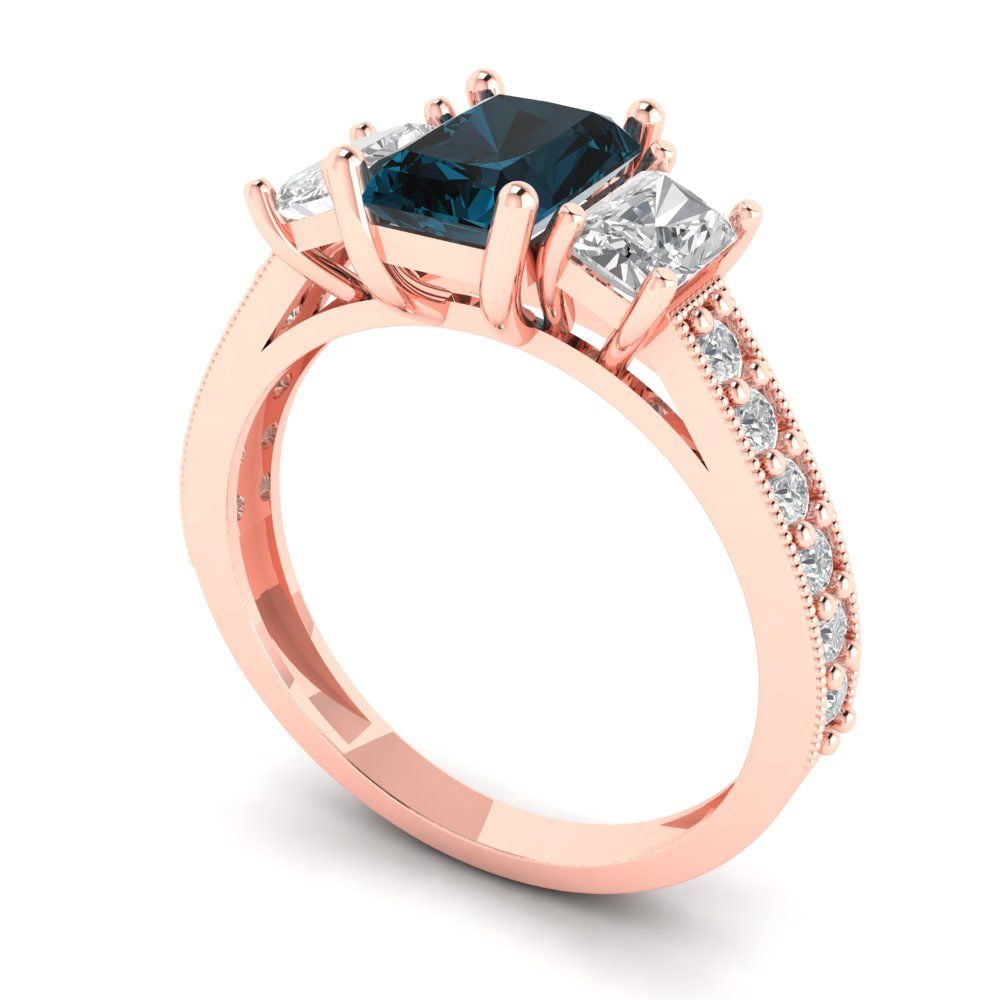 1.82ct emerald cut natural london blue topaz 14k rose gold 3 stone ...