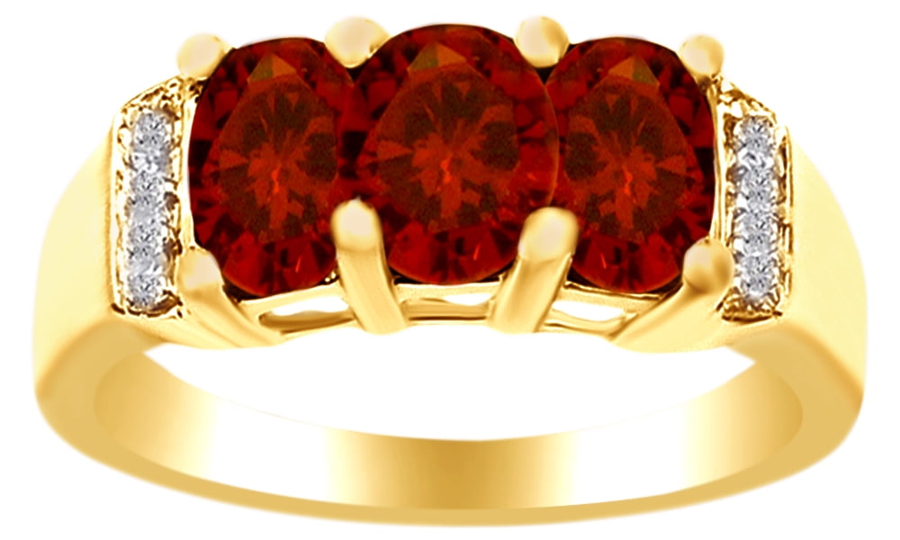AFFY 1.84 Ct Cushion Cut Simulated Garnet Three Stone Band Ring in 14k ...