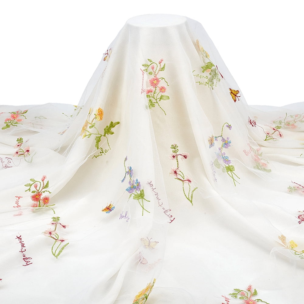 1.86 Yards White Floral Embroidered Tulle Fabric Vintage Sheer Netting ...